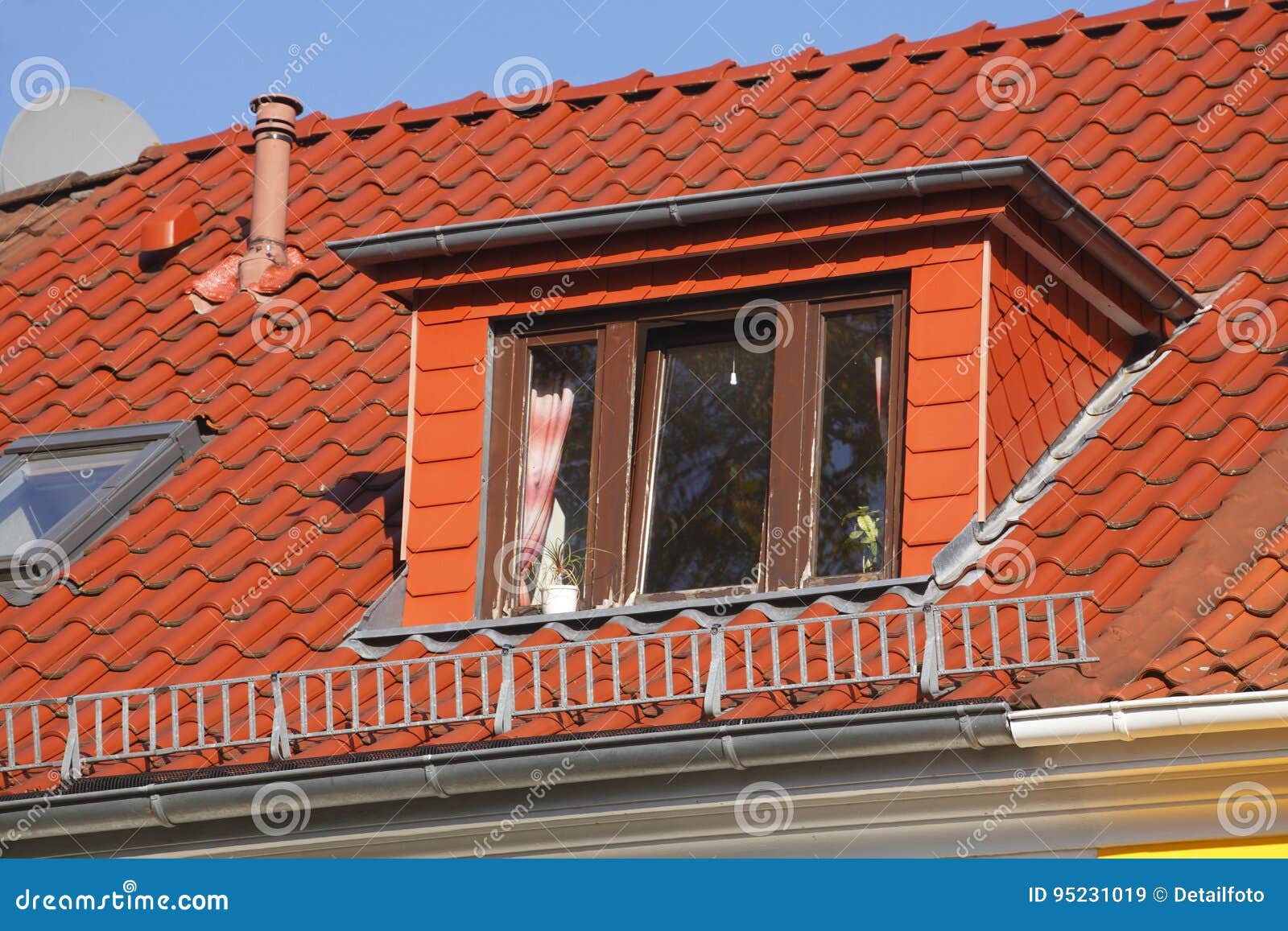 Red roof, window, chimneys stock image. Image of stones - 95231019