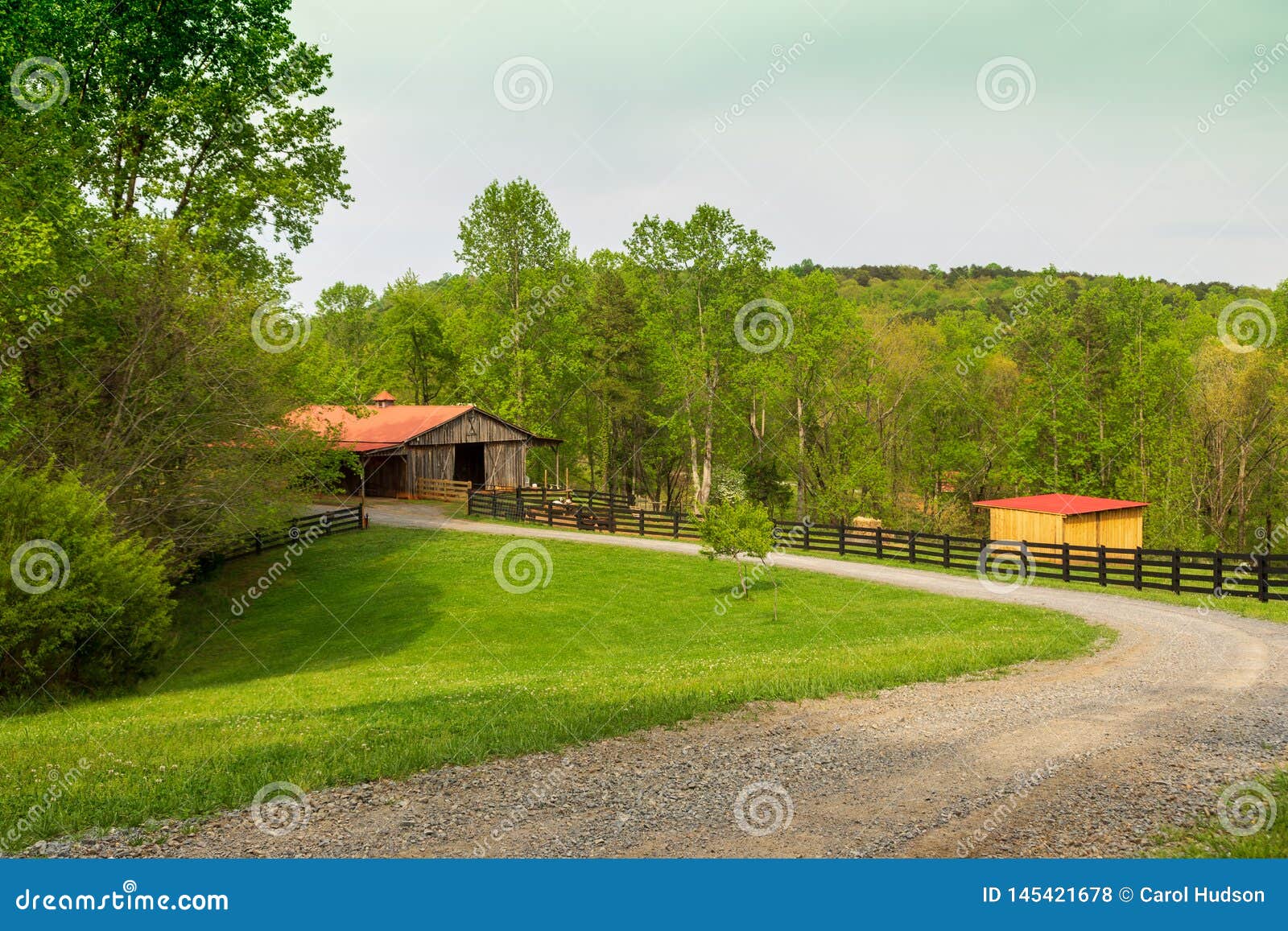 A Red-roofed Barn on the Farm in the Spring. Stock Photo - Image of ...