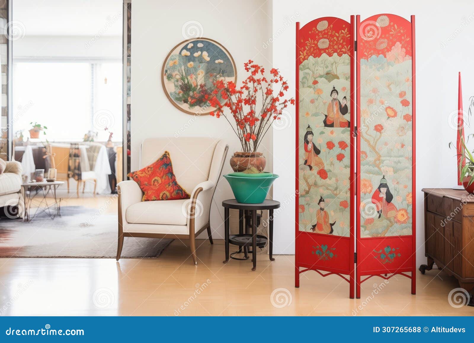 Red Room Divider with Oriental Artwork Against a White Wall Stock Photo ...