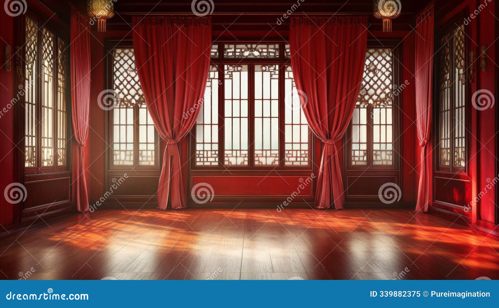 Red Room with Traditional Chinese Windows and Curtains Stock ...
