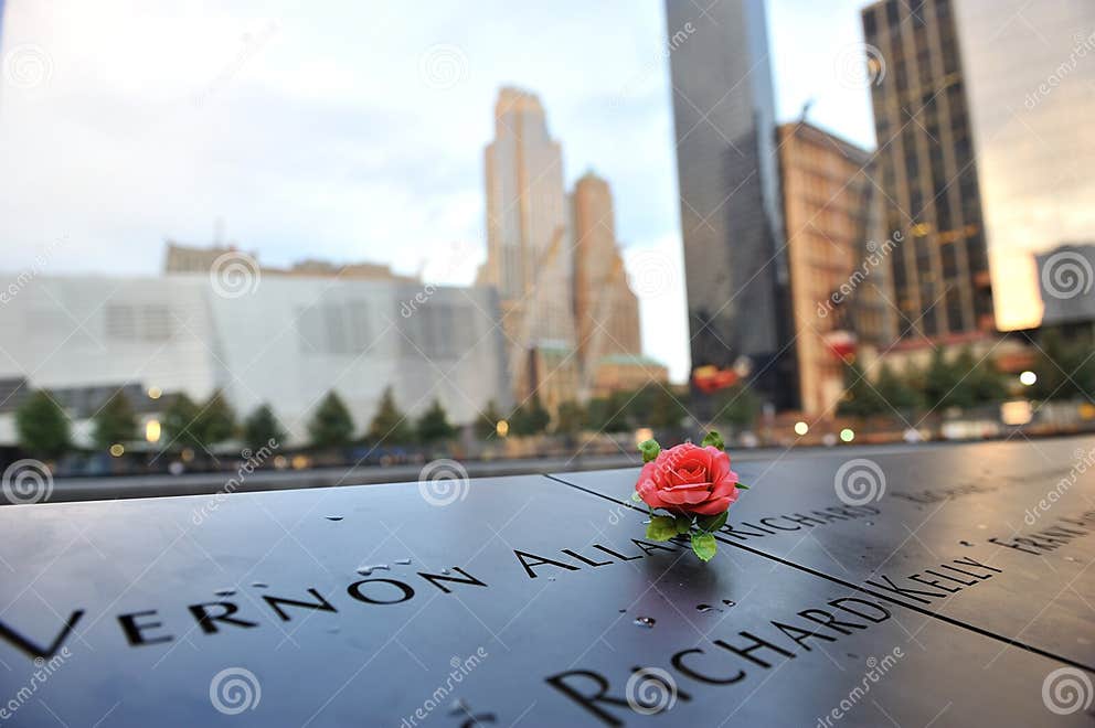 Red rose on 911 memorial editorial stock photo. Image of overhead ...