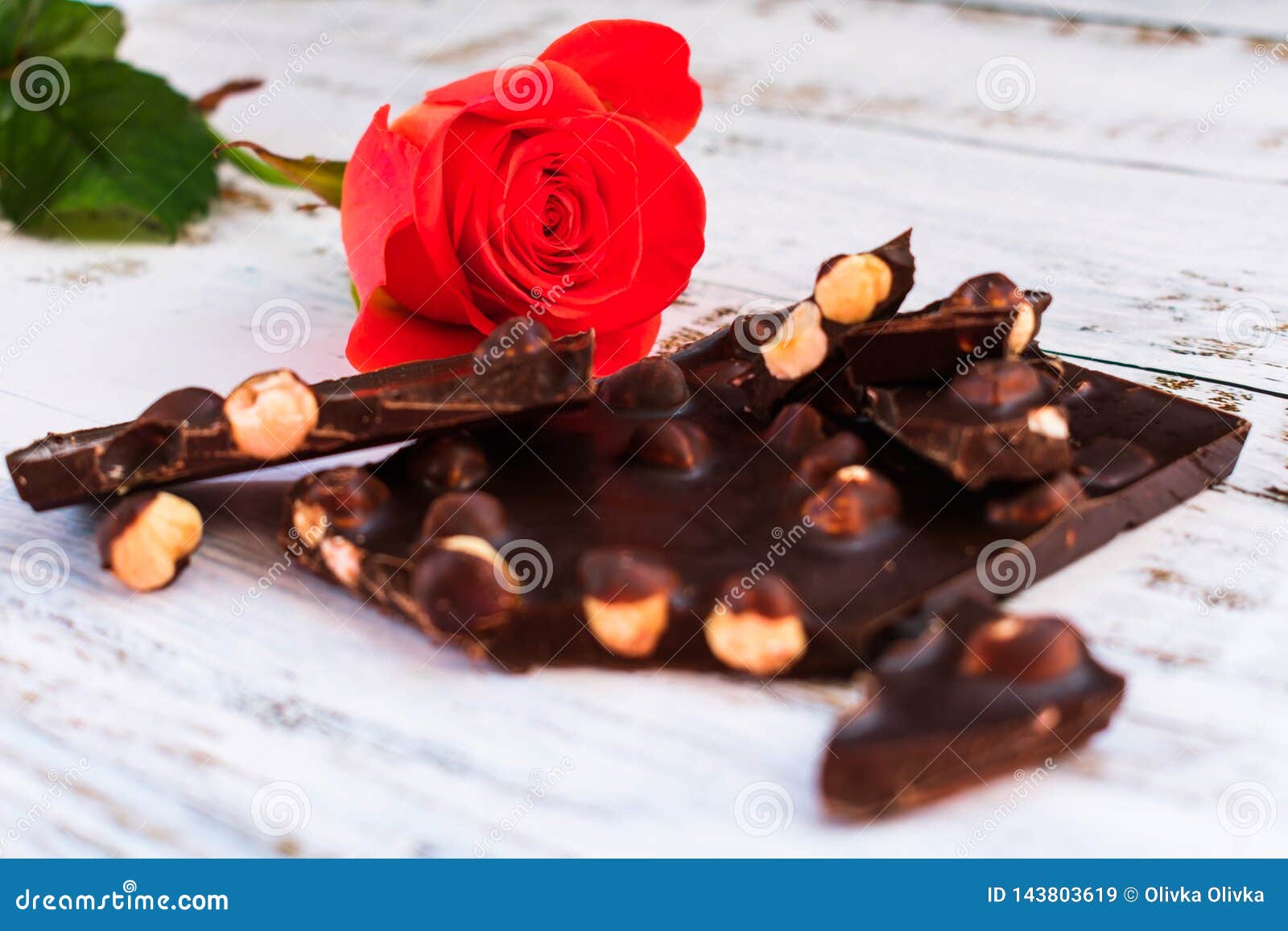 Red Rose and Black Chocolate with Hazelnuts Stock Image - Image of food ...
