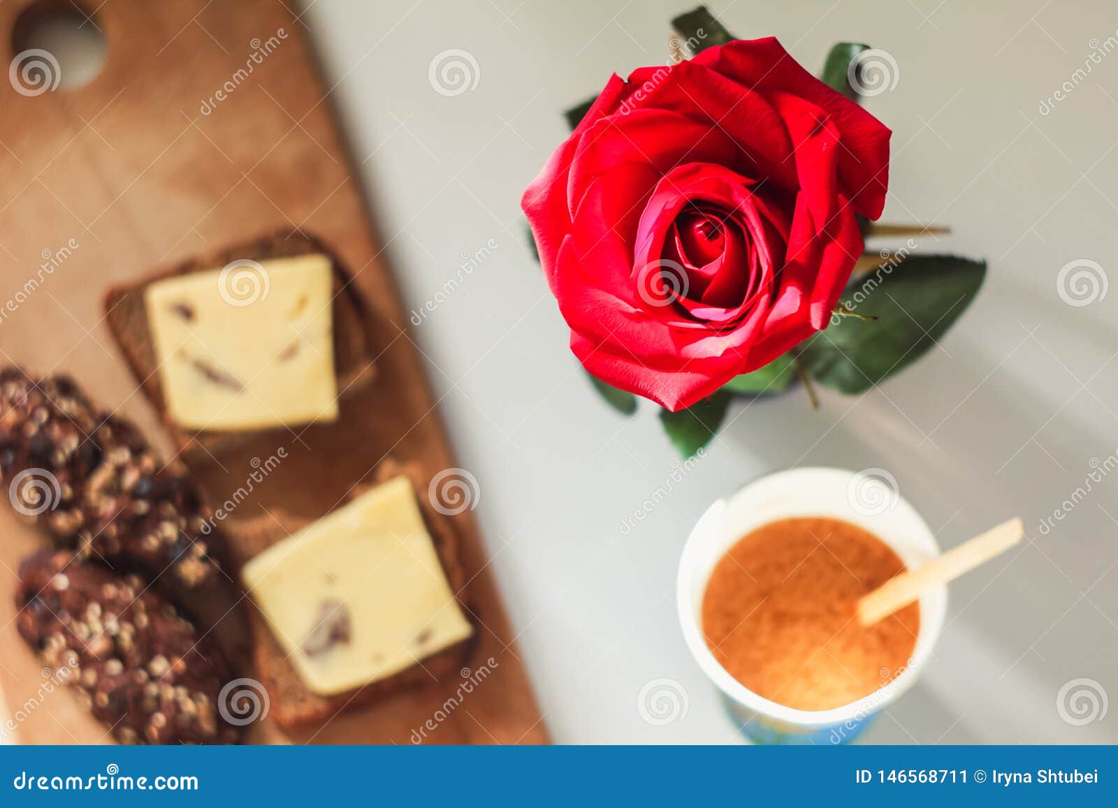 Rose on a Blurred Background of Breakfast Stock Image - Image of happy ...