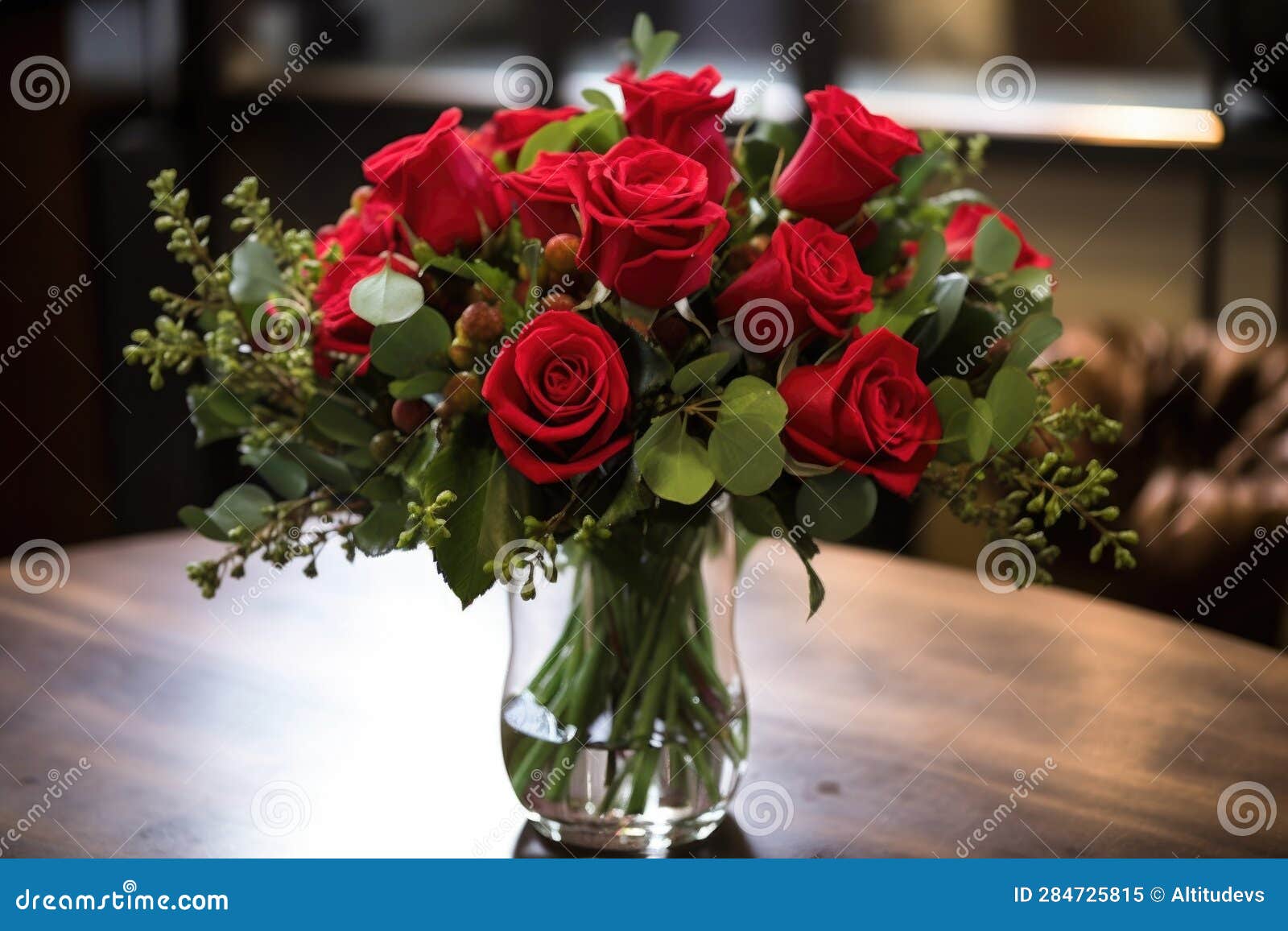 Red Rose Bouquet in Vase, with Greenery and Glassware Visible Stock ...