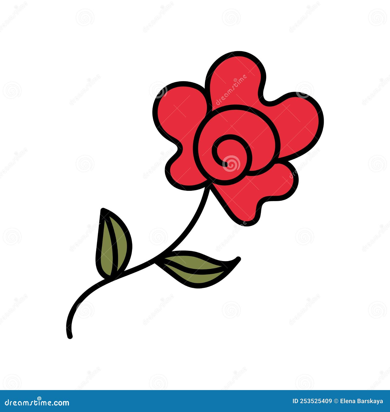 Red Rose Close-up in Doodle Style on White Background Stock Vector ...