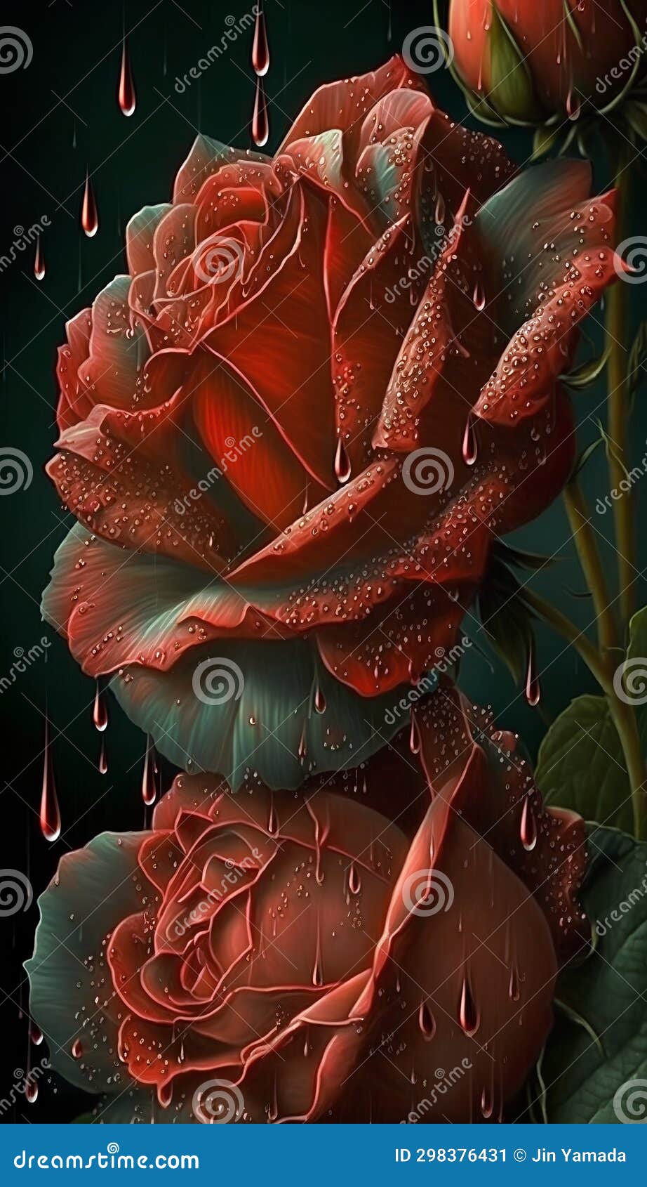 Red Rose with Drops of Water on a Dark Background. Digital Illustration ...