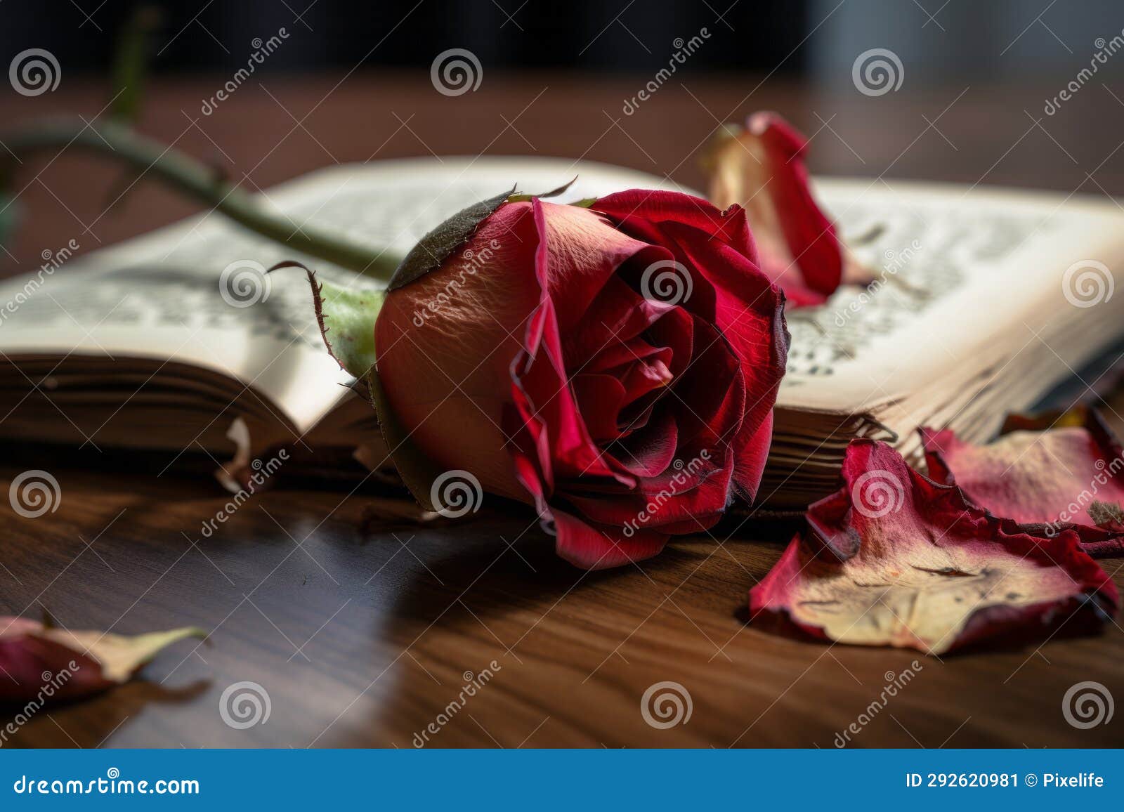 A Red Rose Fallen on an Open Book AI Generated Stock Illustration ...