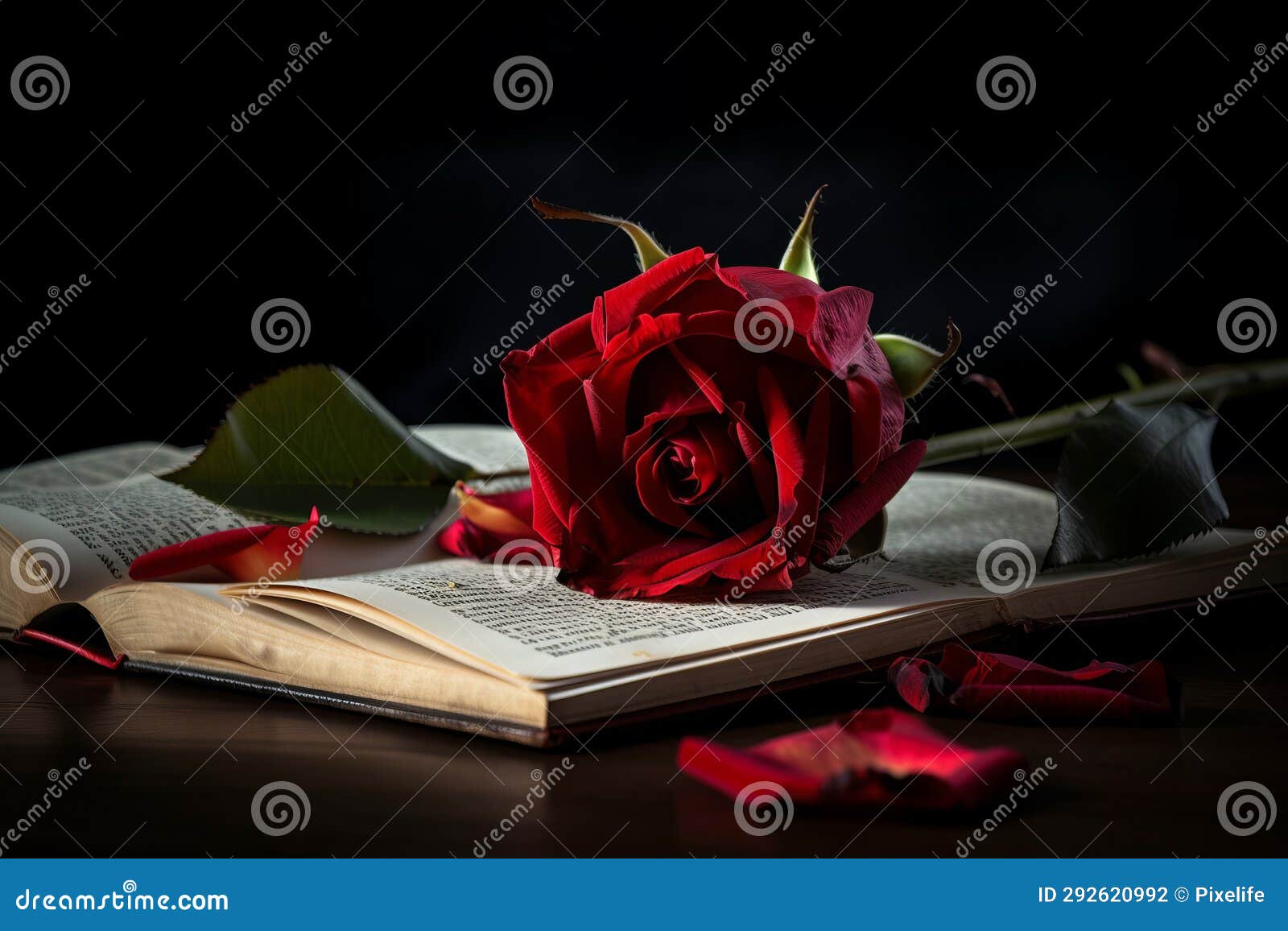 A Red Rose Fallen on an Open Book AI Generated Stock Illustration ...