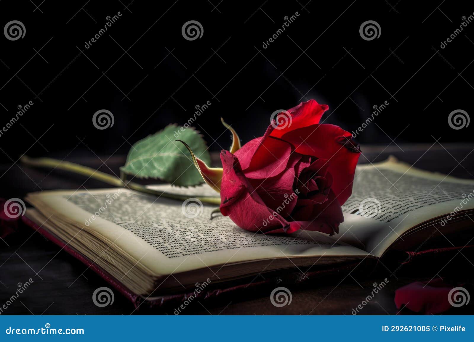 A Red Rose Fallen on an Open Book AI Generated Stock Illustration ...