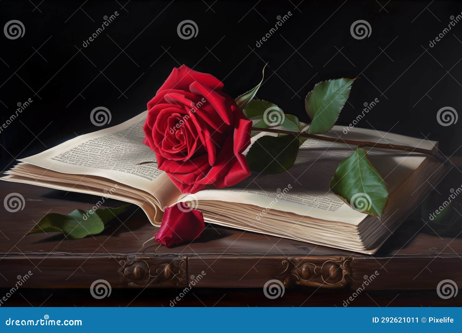 A Red Rose Fallen on an Open Book AI Generated Stock Illustration ...