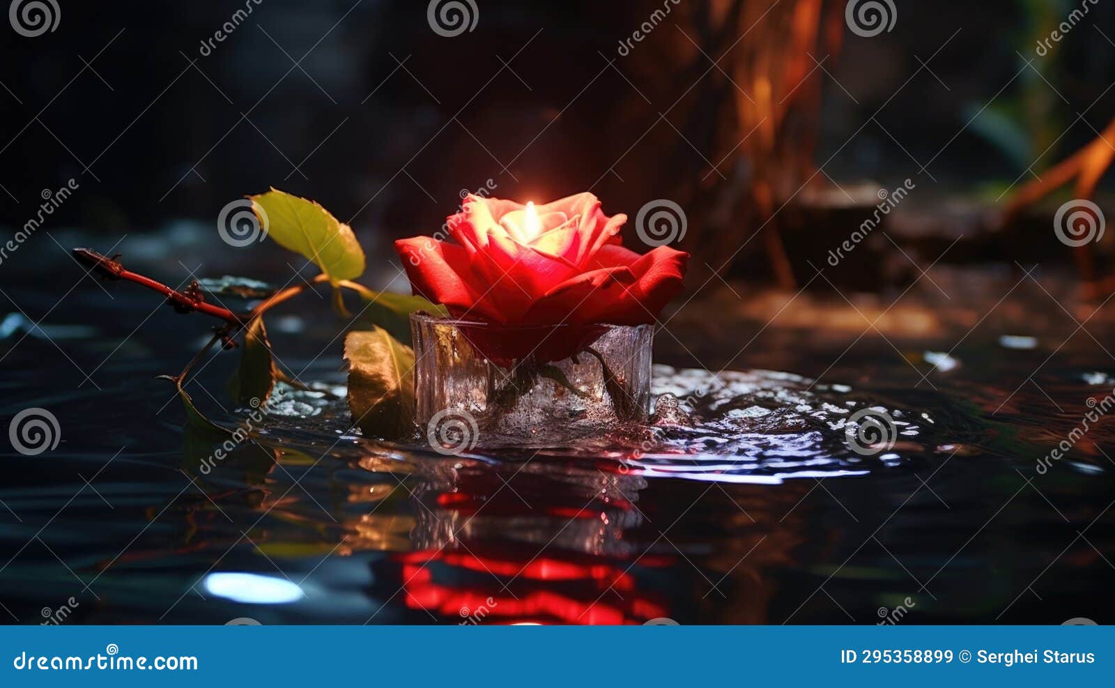 A Red Rose is Floating in Water with a Candle, AI Stock Image - Image ...