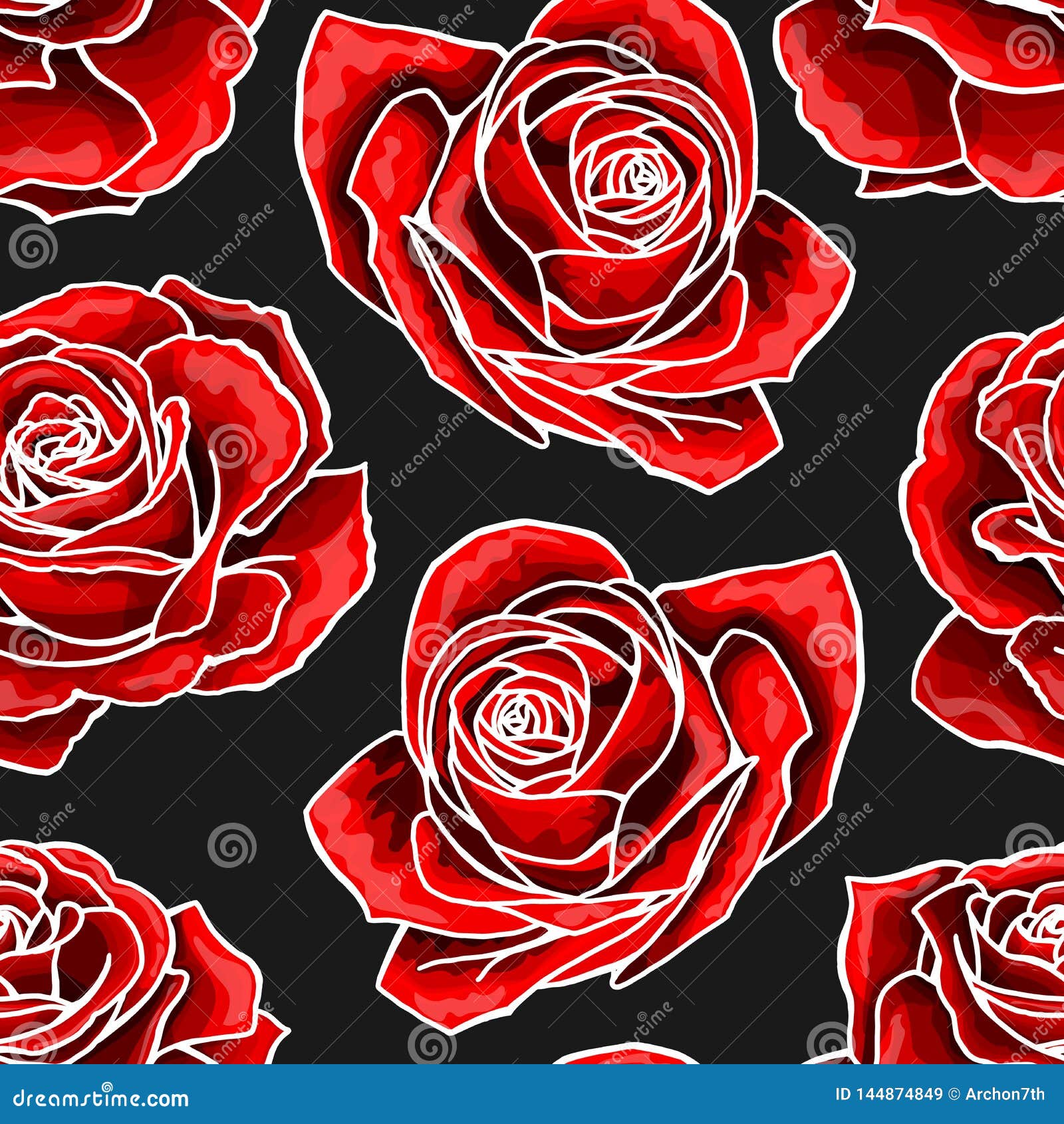 Red Rose Flower Bouquets Contour Elements Seamless Pattern on Dark ...