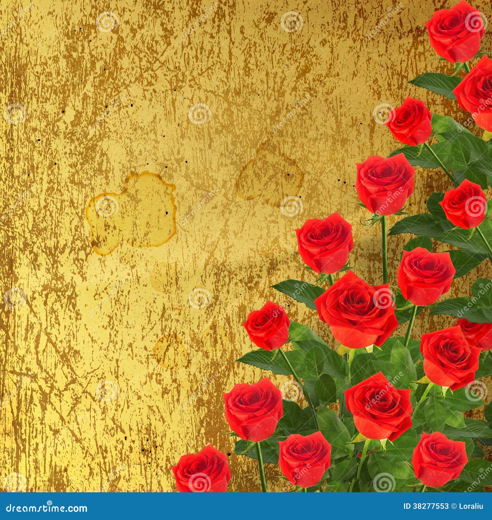 Red Rose with Green Leaves on the Gold Background Stock Image - Image ...