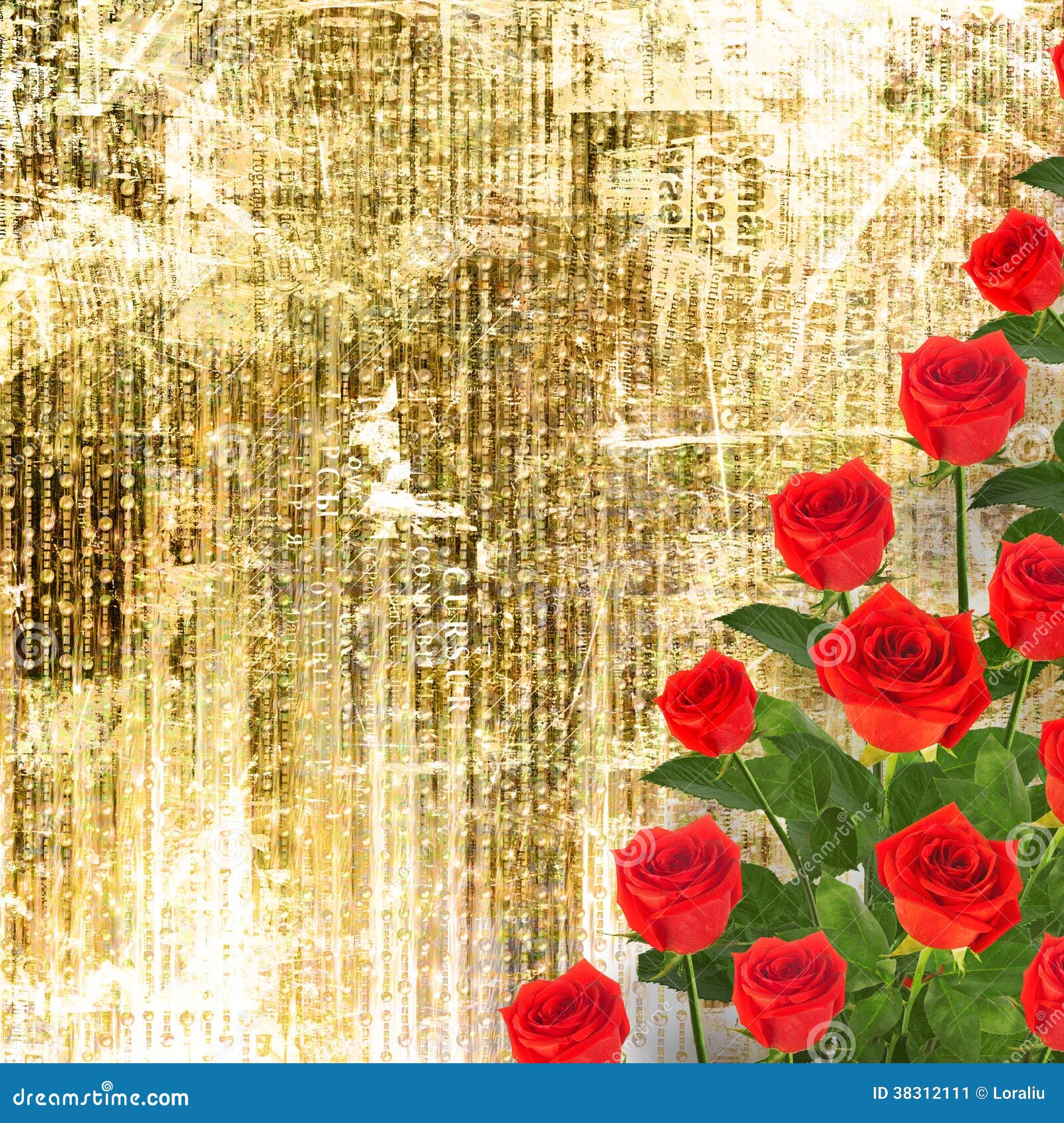 Red Rose with Green Leaves on the Gold Background Stock Image - Image ...