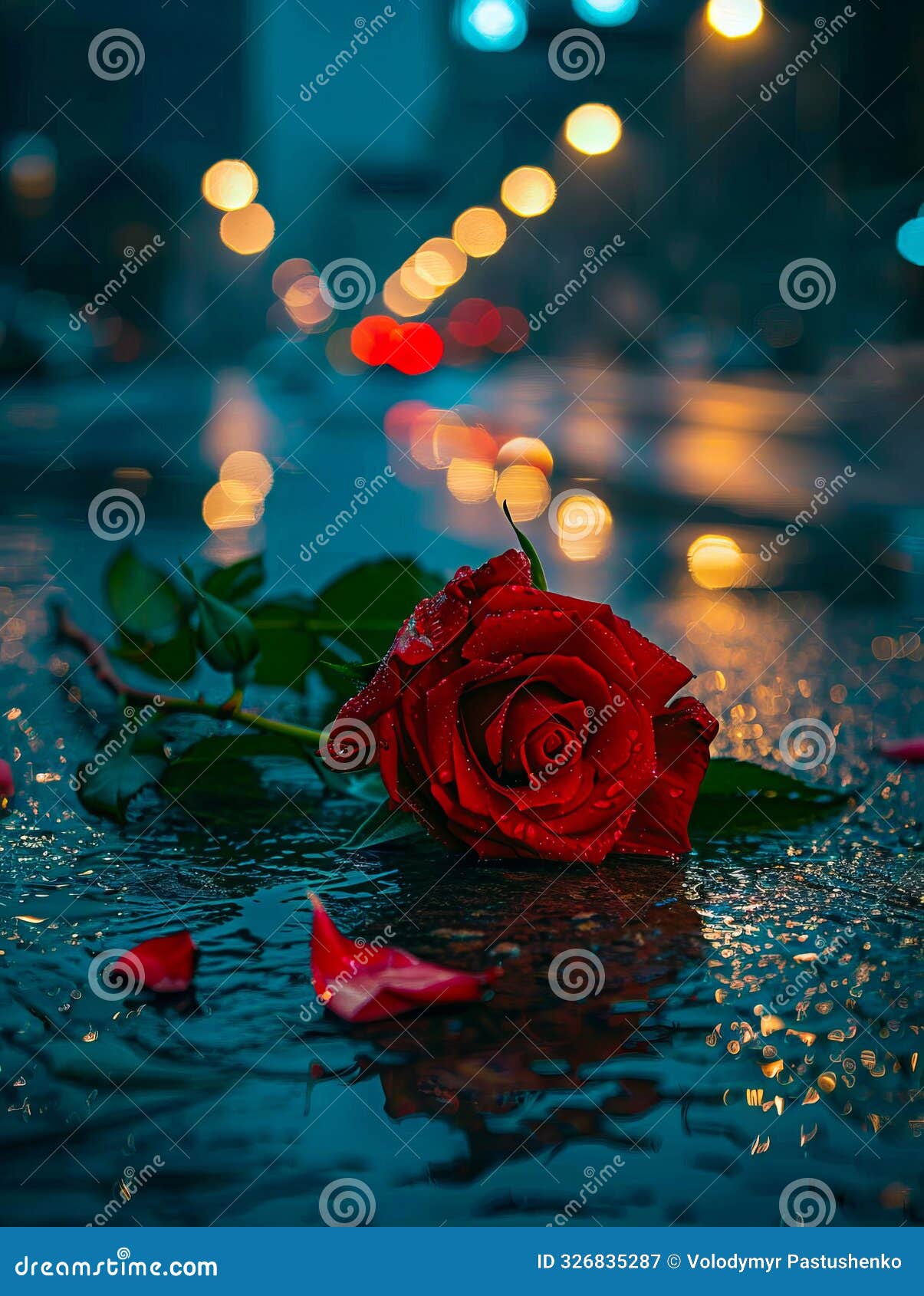A Red Rose is on the Ground in the Rain Stock Image - Image of night ...