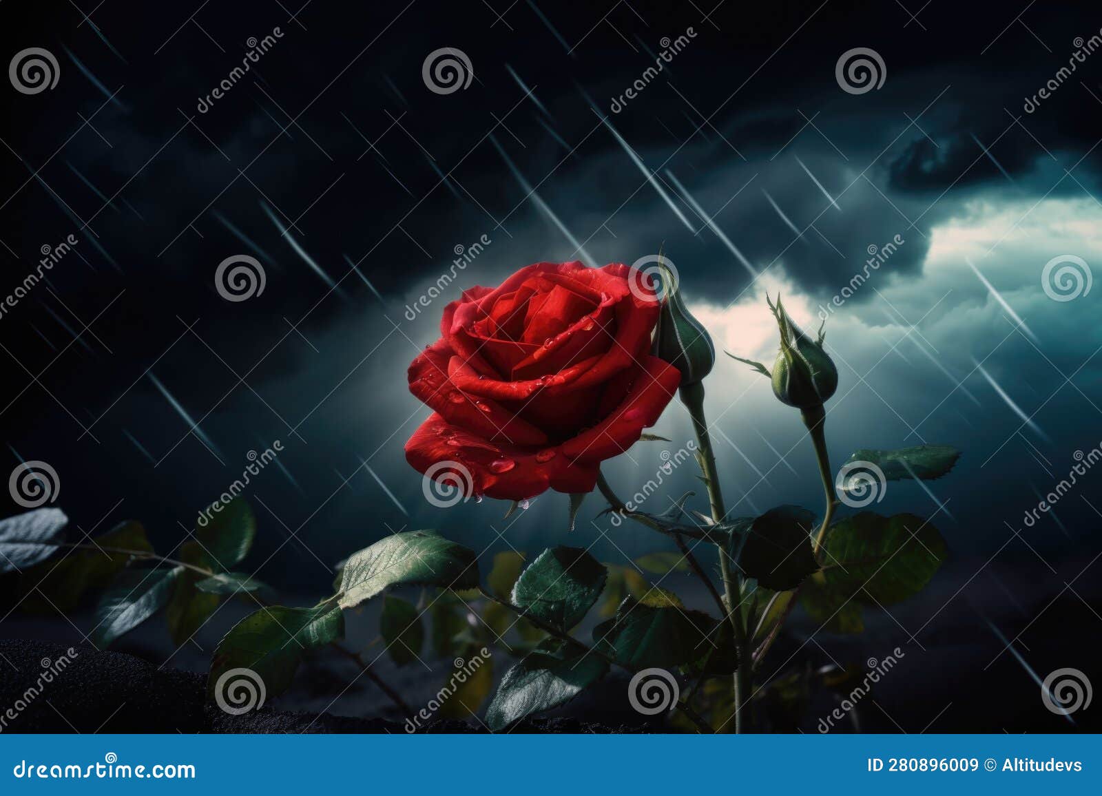 Red Rose in a Hurricane, Surrounded by Storm Clouds and Lightning Stock ...