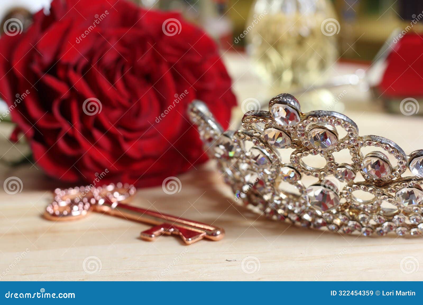 Red Rose with Key and Tiara on Dressing Table with Shallow DOF Stock ...