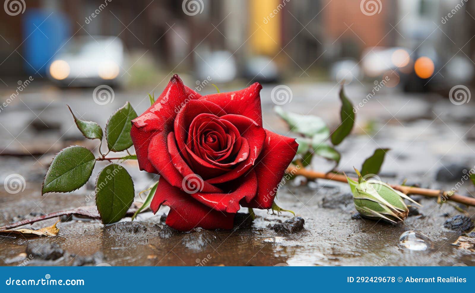 A Red Rose Laying on the Ground in the Rain Stock Illustration ...