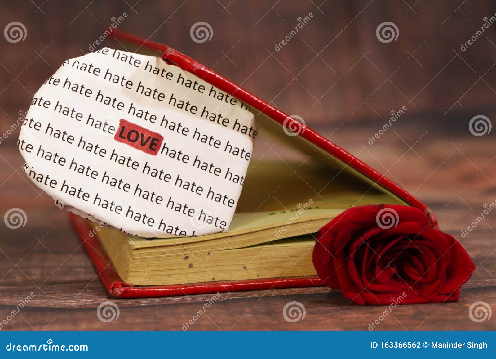 Red rose with text heart. stock photo. Image of concept - 163366562