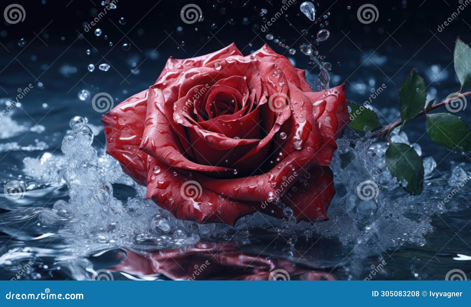 Red Rose in Water with Splashes and Drops on Dark Blue Background Stock ...