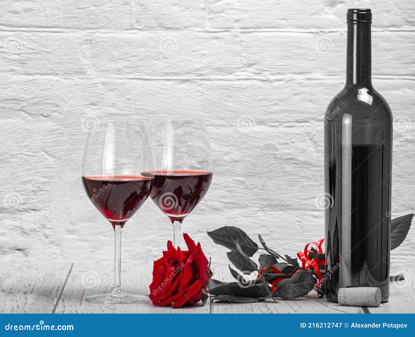 Red Rose and Wine in Glasses Composition Stock Image - Image of ribbon ...