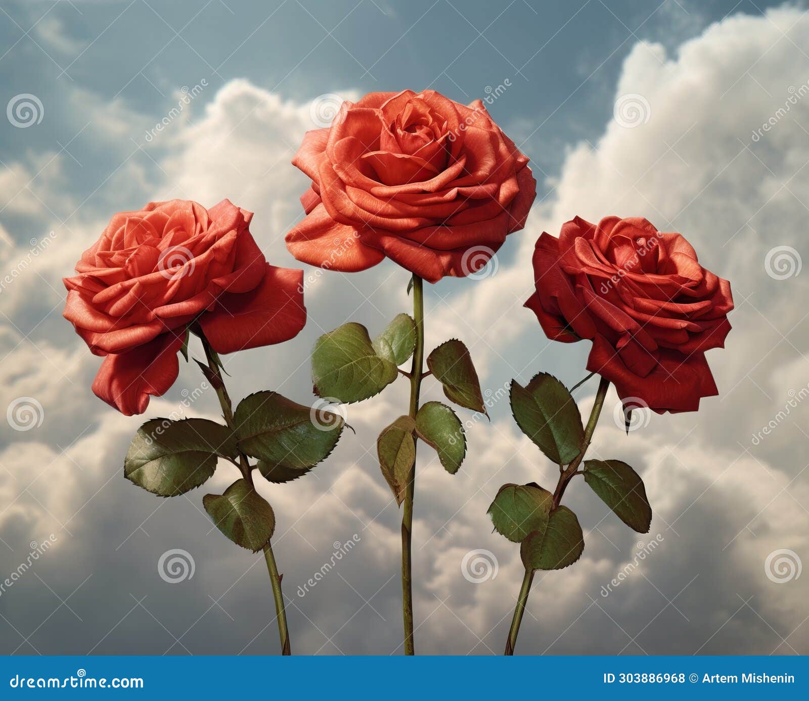 Red Roses on the Background of the Blue Sky with Clouds. Stock ...