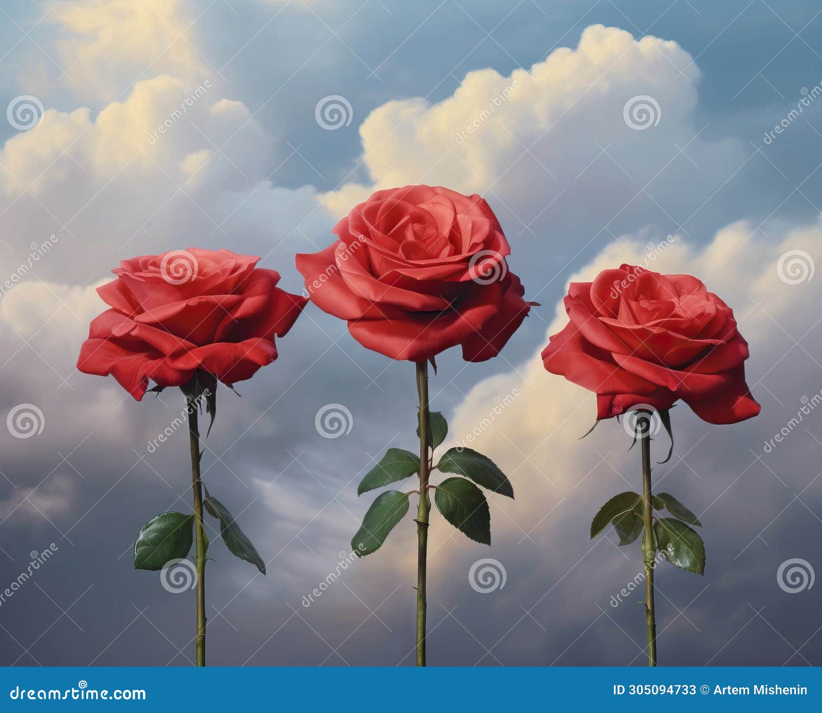 Red Roses on the Background of the Blue Sky with Clouds. Stock Image ...
