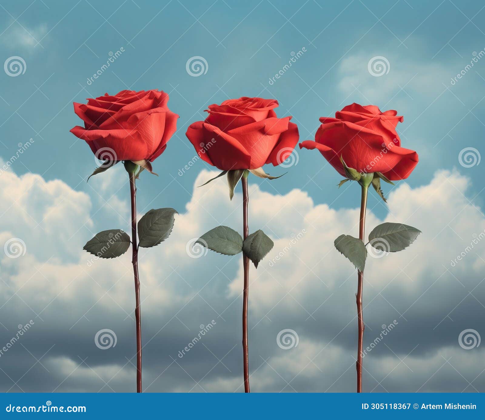 Red Roses on the Background of the Blue Sky with Clouds. Stock Image ...