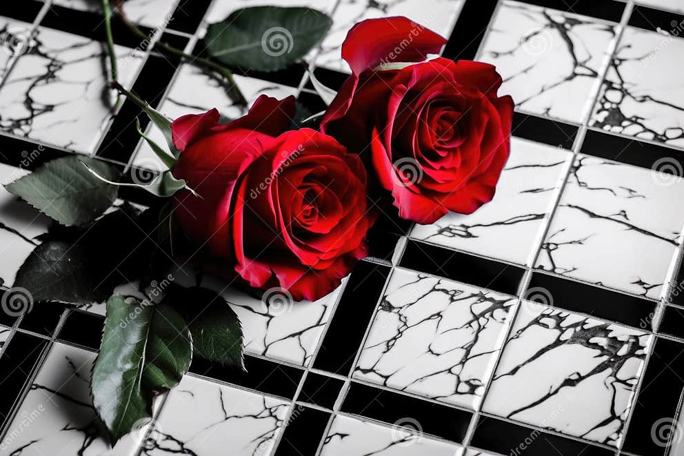 Red Roses on Black and White Tile Background Stock Illustration ...