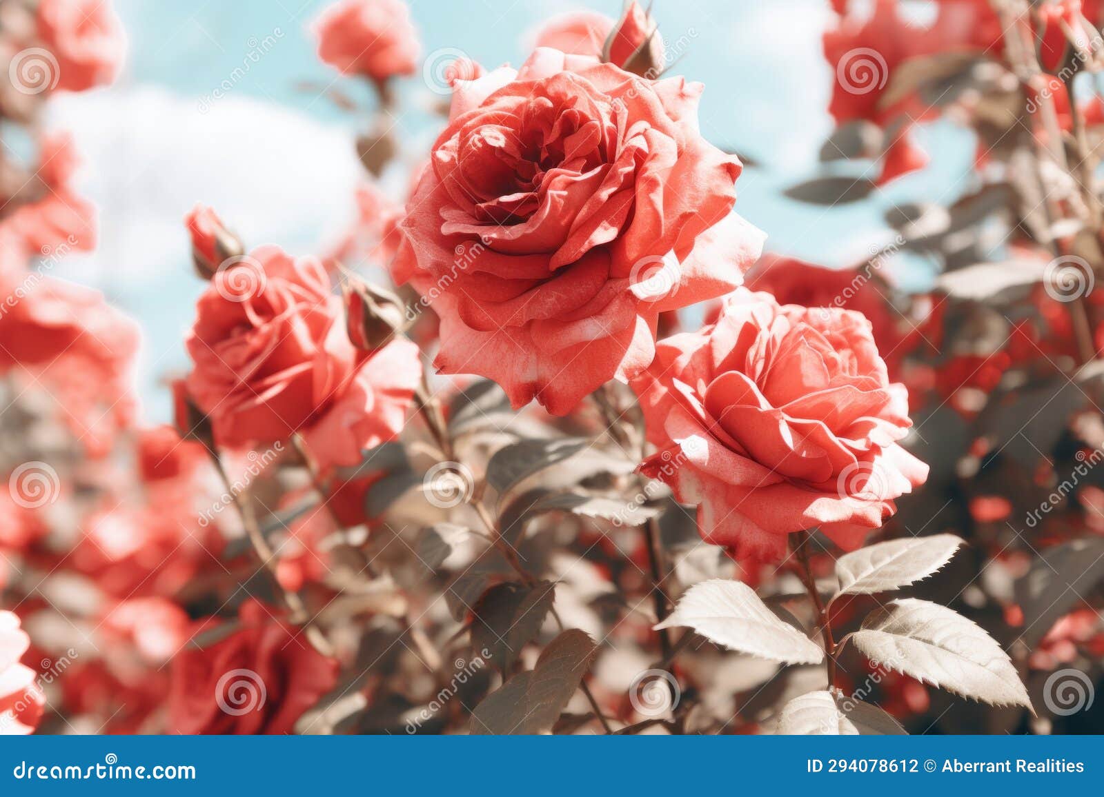 Red Roses are Blooming in a Field Against a Blue Sky Stock Illustration ...