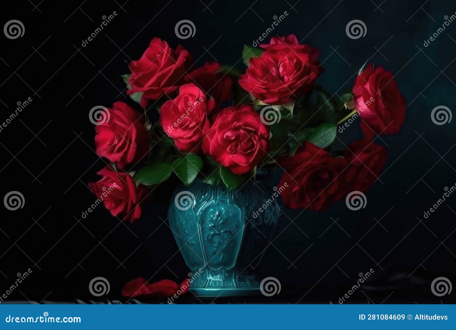 Red Roses in a Blue Vase on a Black Background Stock Image - Image of ...