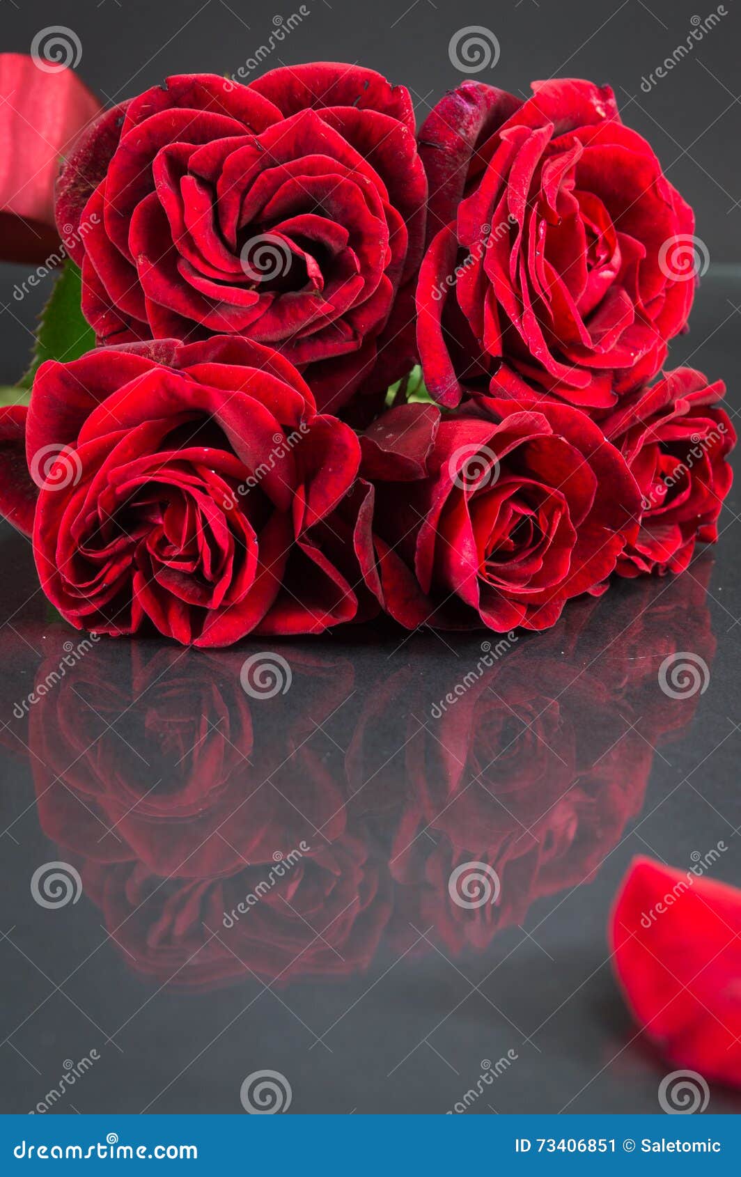 Red Roses Bouquet on Dark Mirror Table Stock Image - Image of gift ...