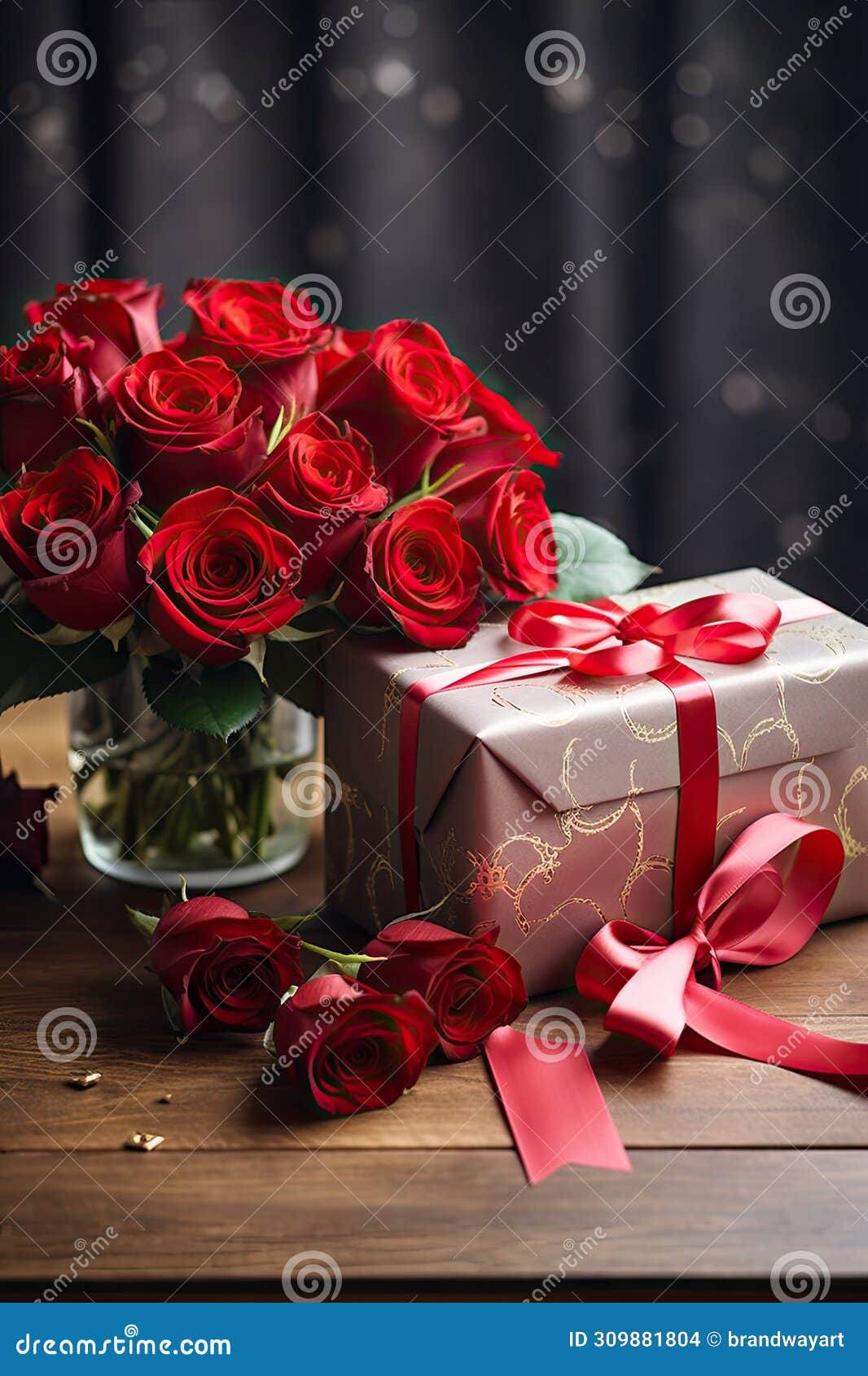 Red Roses Bouquet and Gift on Table Stock Illustration - Illustration ...