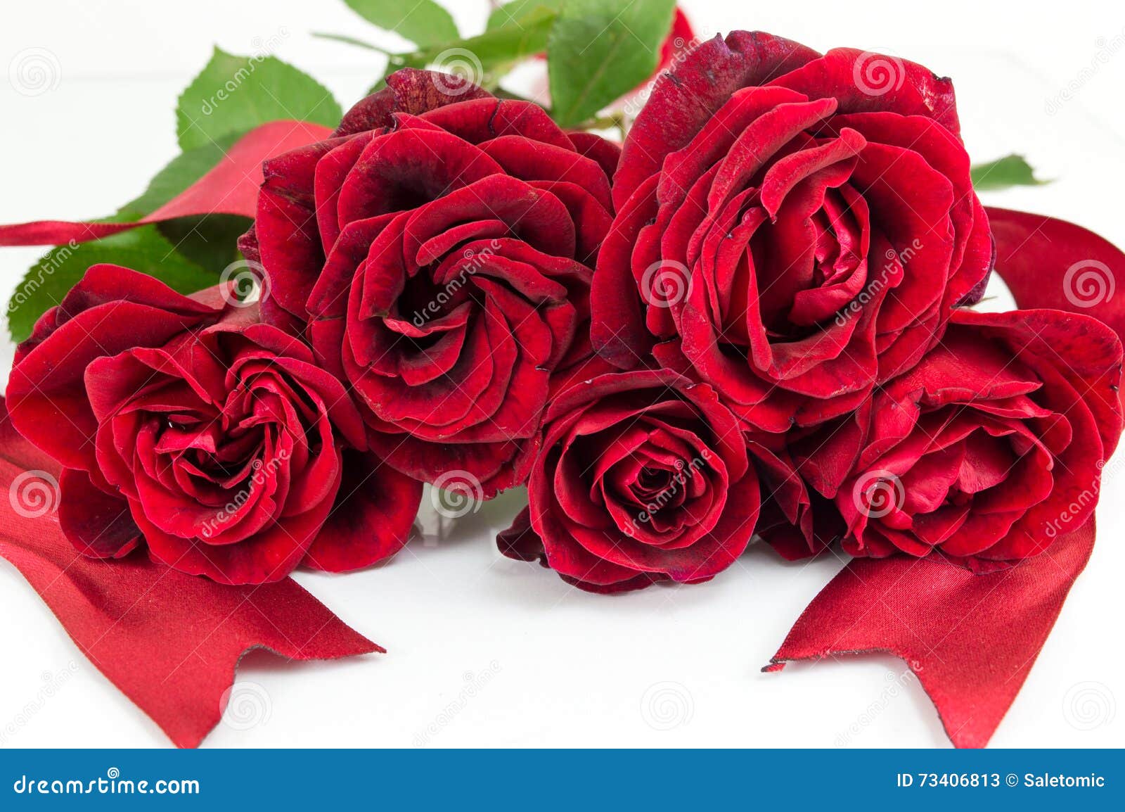 Red Roses Bouquet with Ribbon on White Table Stock Image - Image of ...