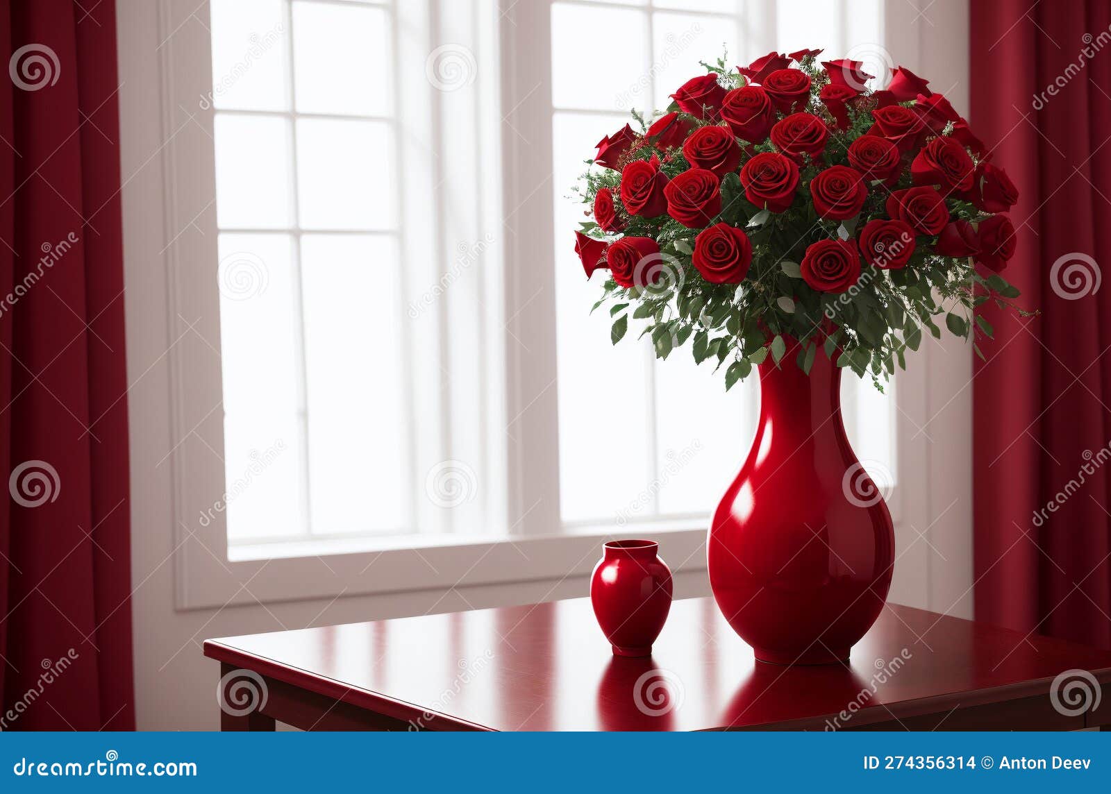 Red Roses Bouquet in Vase on Table. Generative AI. Stock Illustration ...