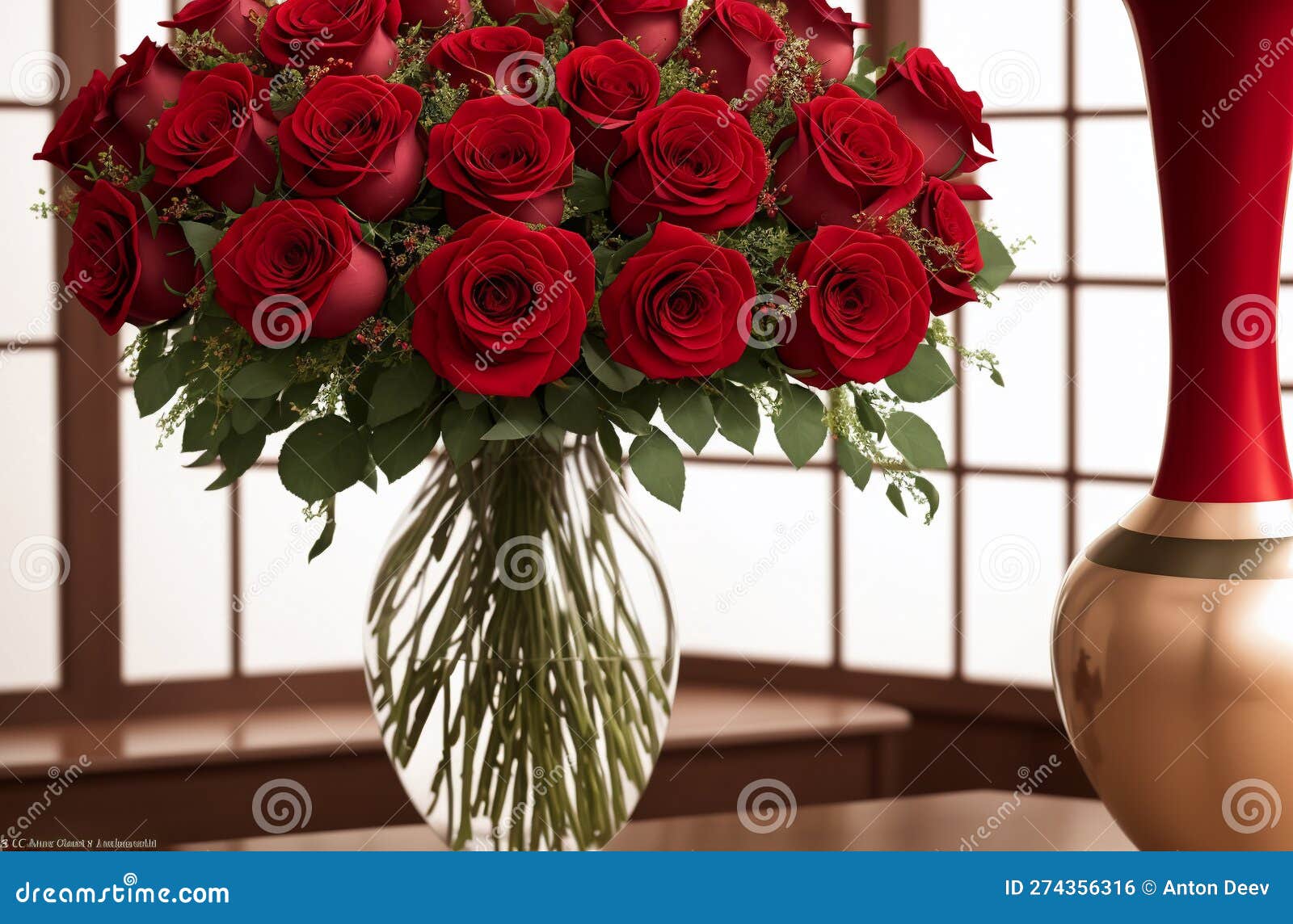 Red Roses Bouquet in Vase on Table. Generative AI. Stock Illustration ...