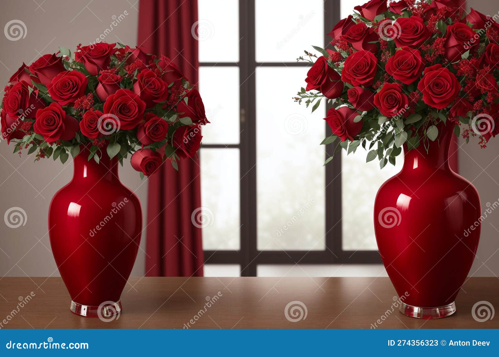 Red Roses Bouquet in Vase on Table. Generative AI. Stock Illustration ...