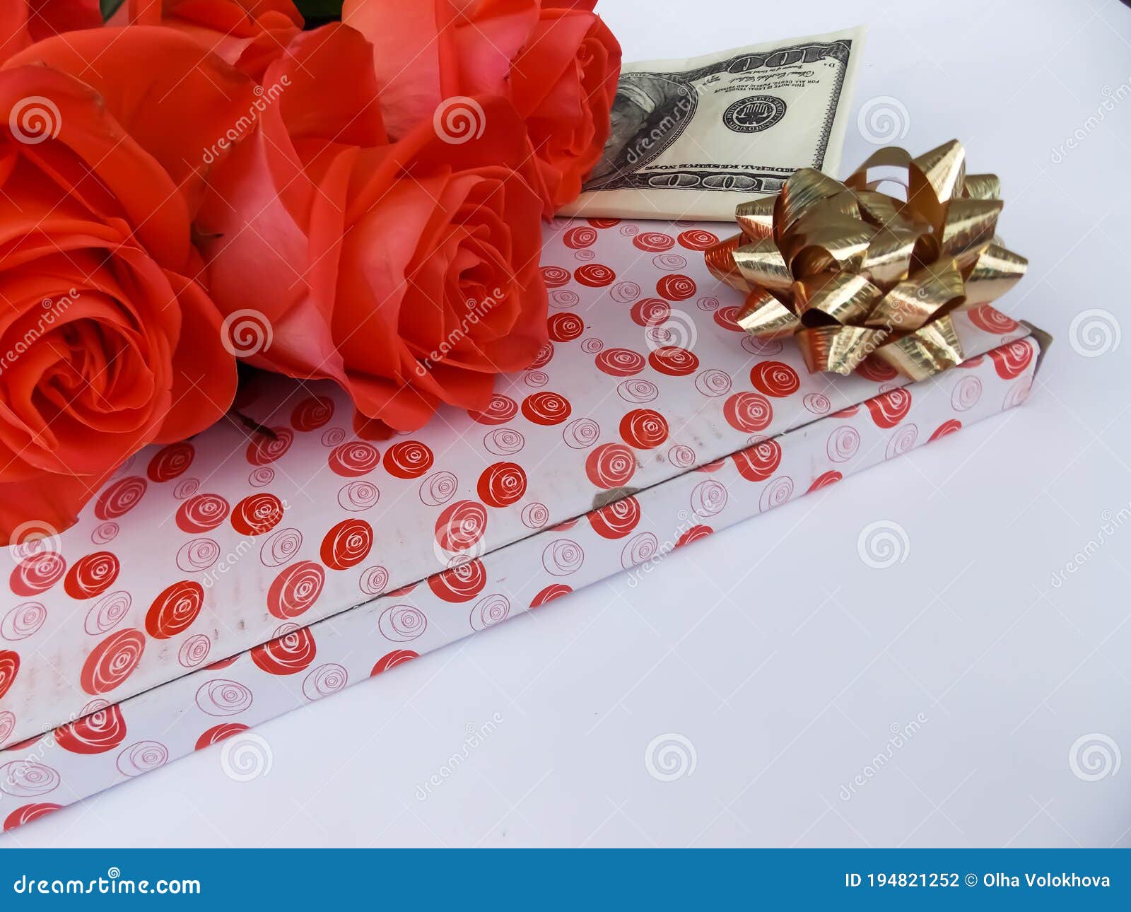 Red Roses with Box and Money on White Stock Photo - Image of money ...