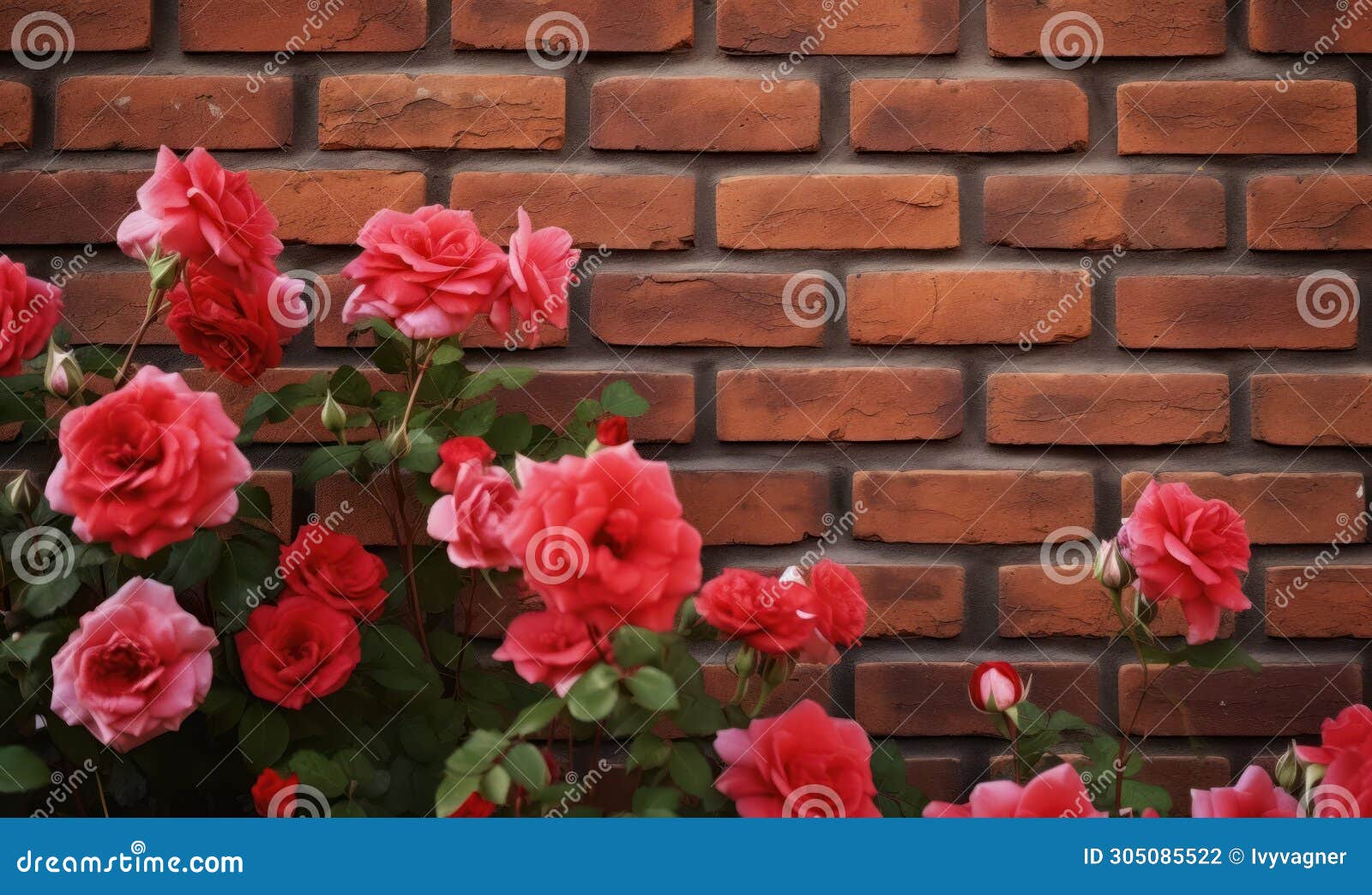Red Roses on a Brick Wall Background with Copy Space for Text Stock ...