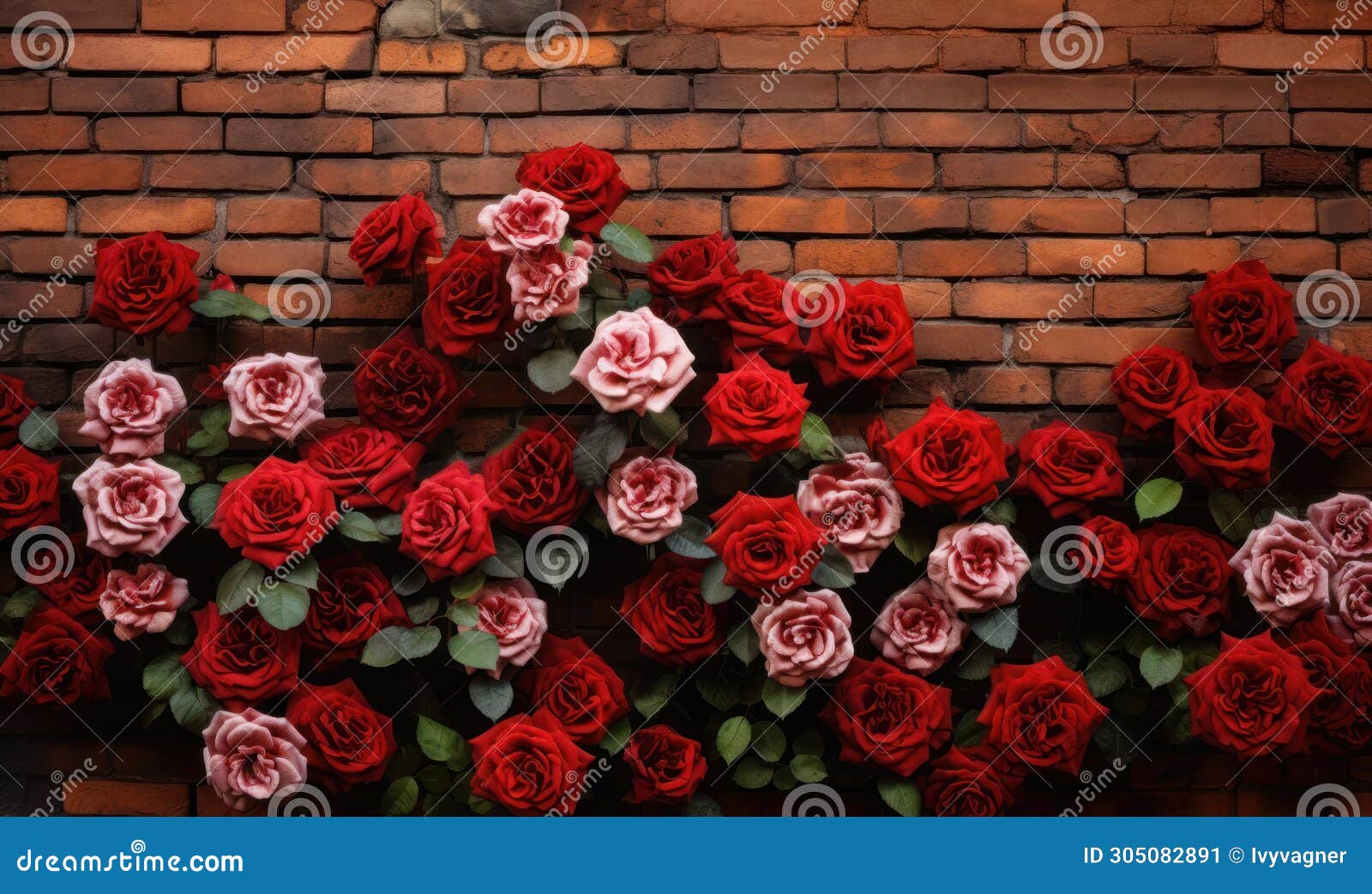Red Roses on Brick Wall Background. Brick Wall Decorated with Rose ...