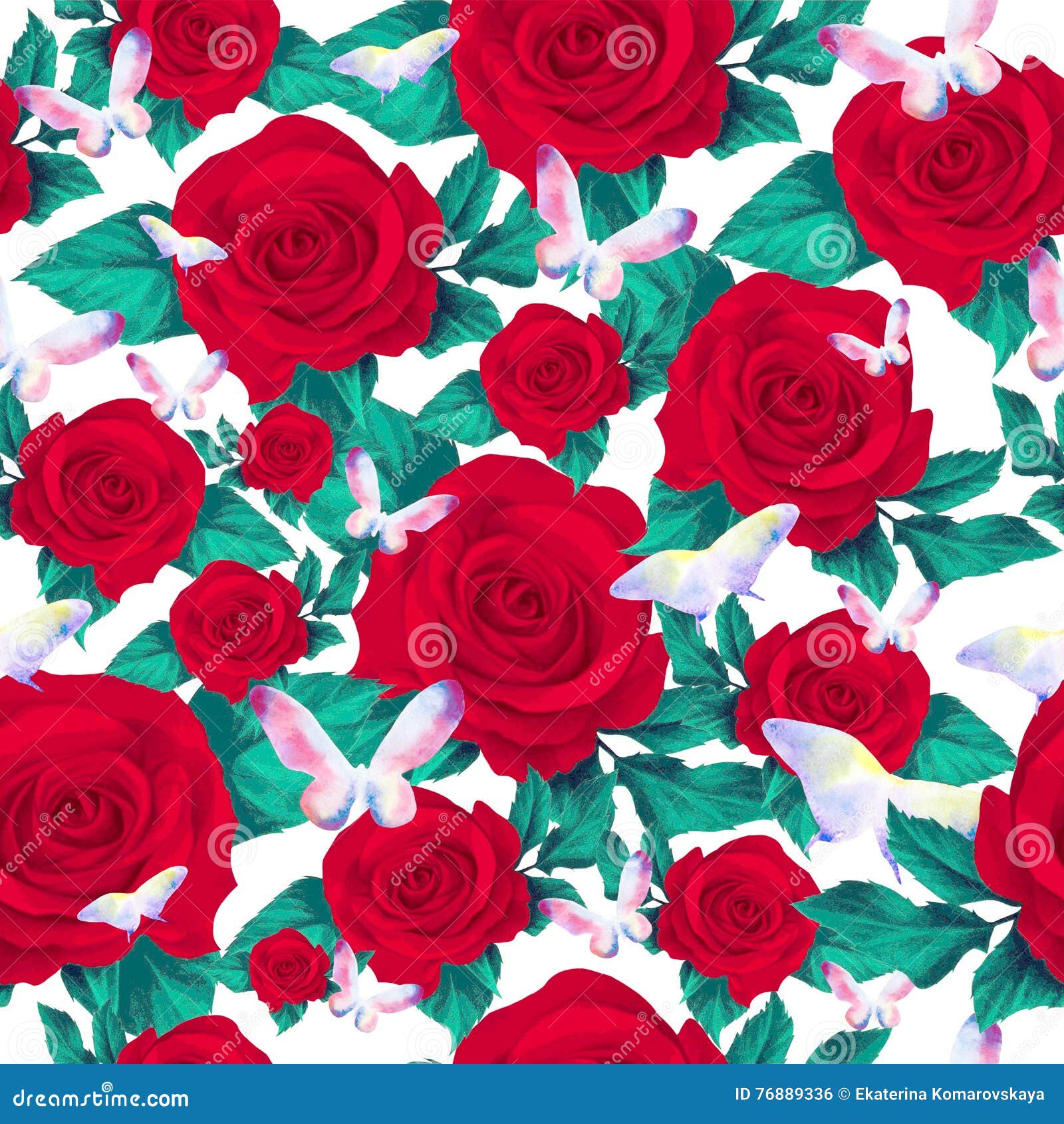 Red Roses and Butterfly Seamless Pattern Stock Illustration ...