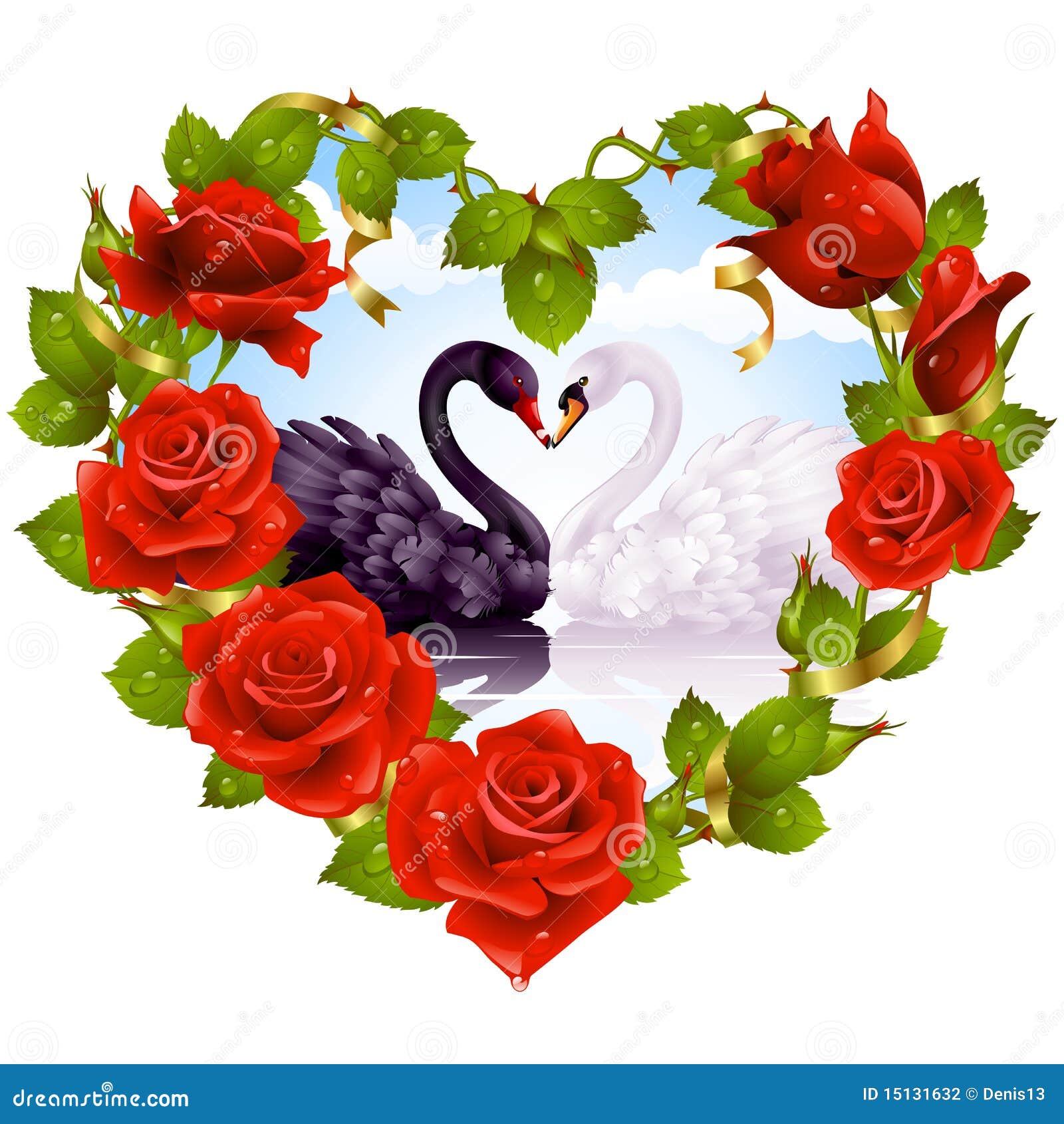 Red Roses and couple Swans stock vector. Illustration of corner - 15131632