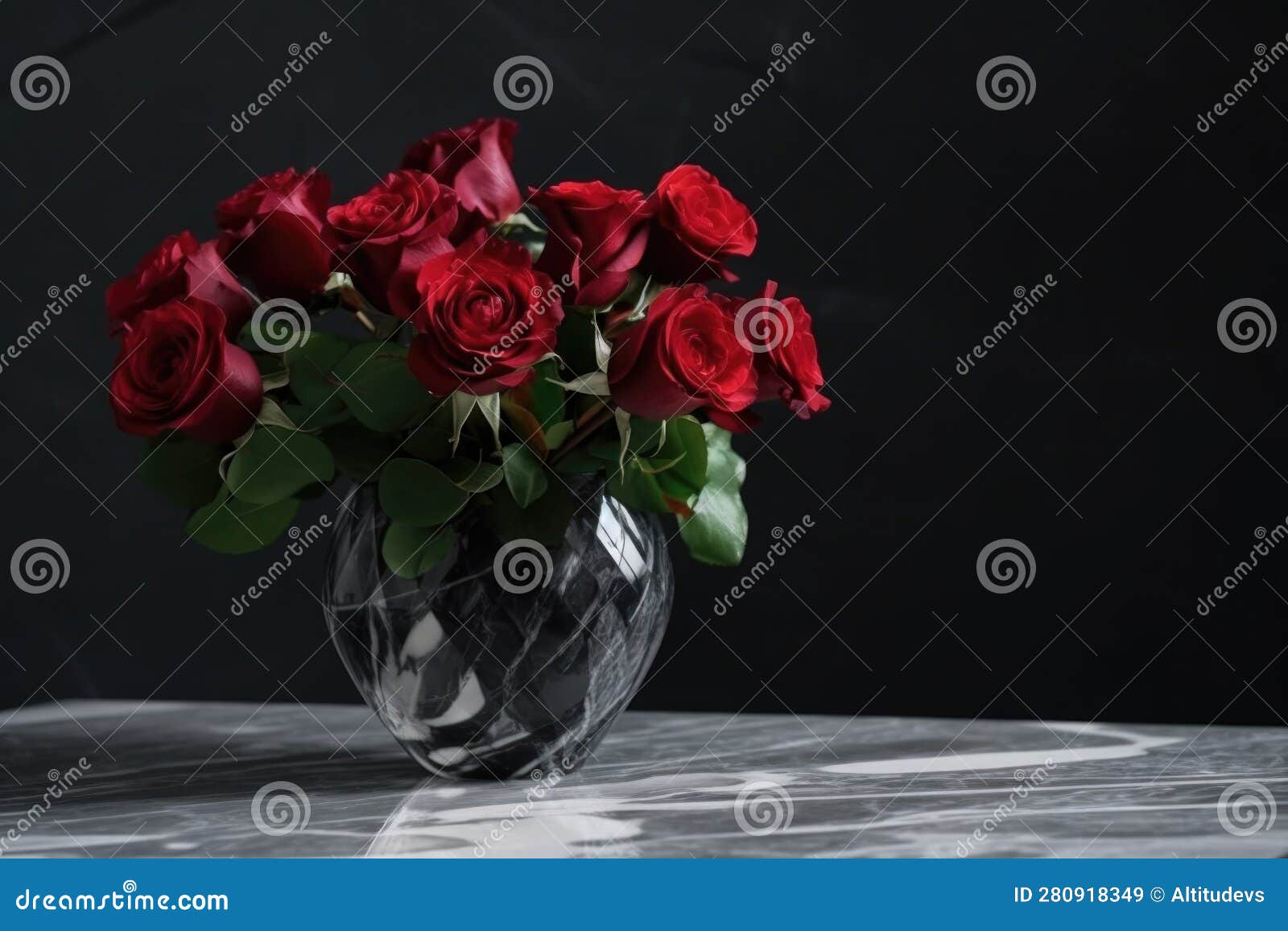 Red Roses in a Crystal Vase on a Black Marble Table Stock Illustration ...