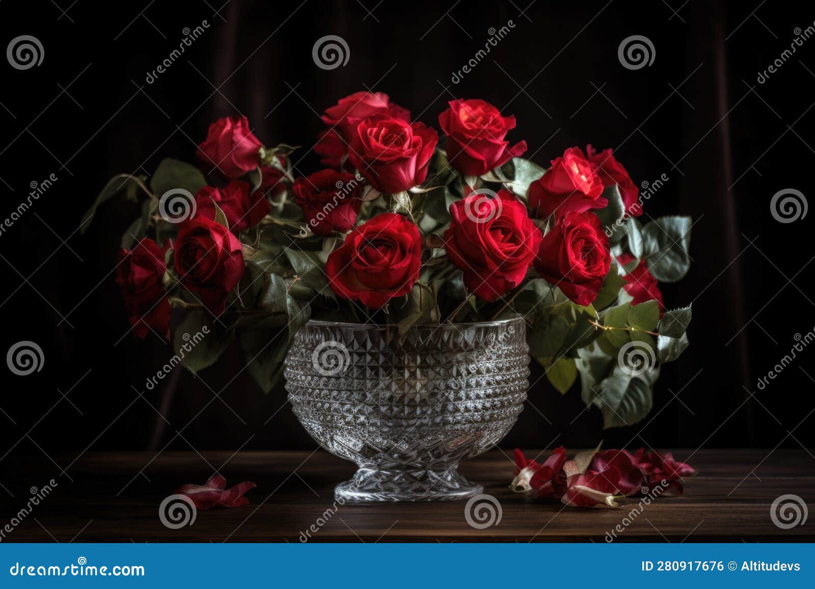 Red Roses in a Crystal Vase on Dark Wood Table Stock Illustration ...