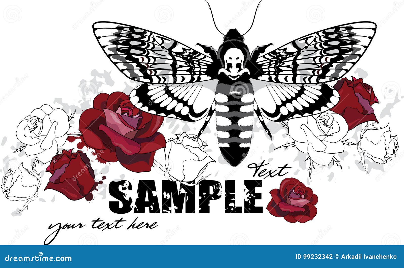 Red Roses Design with Dead Head Moth Stock Illustration - Illustration ...