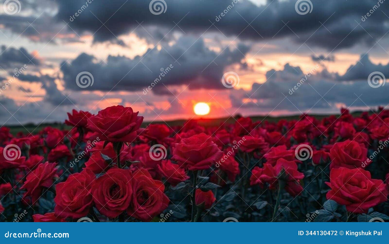 Red Roses in a Field at Sunset, with a Dramatic Cloudy Sky and Sun ...
