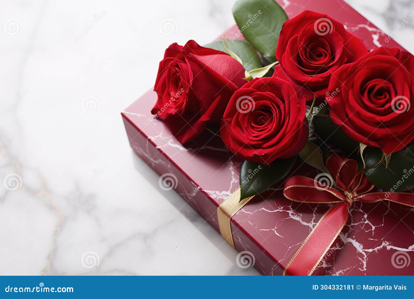 Red Roses on Red Gift Box on White Marble Stone Background Top View ...