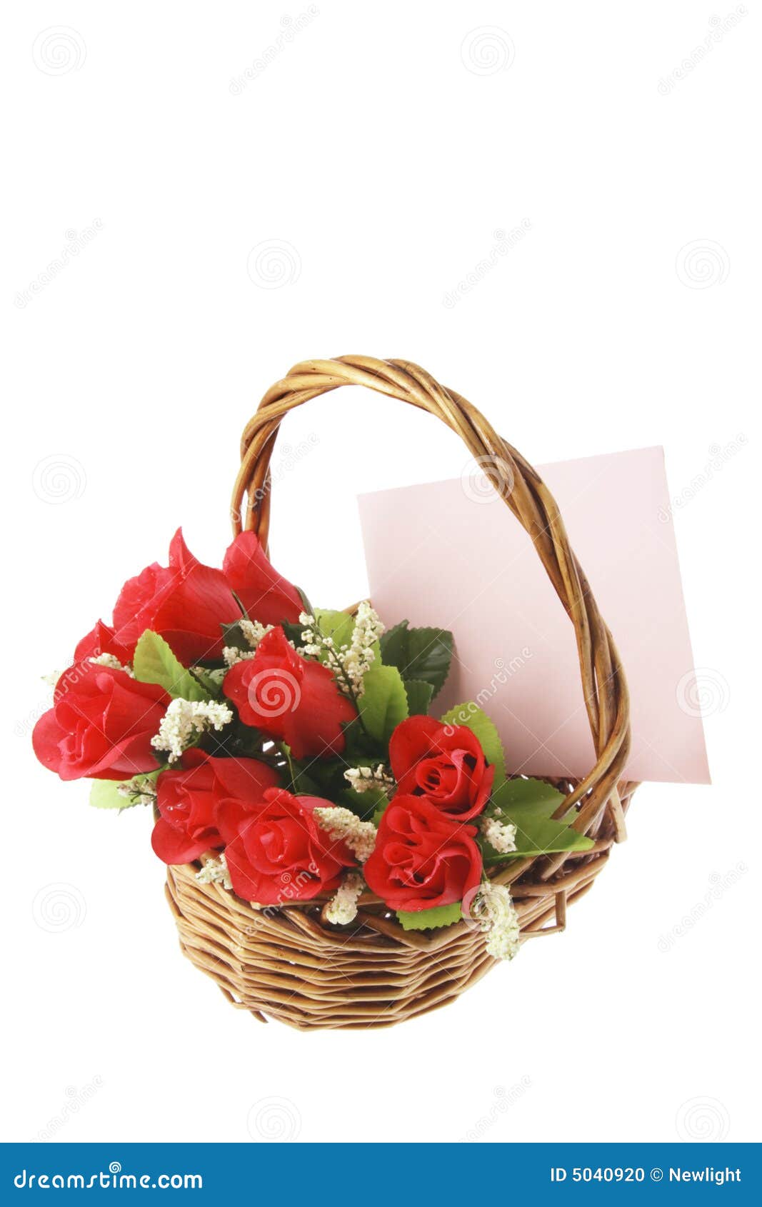 Red Roses and Greetings Card in Basket Stock Photo - Image of special ...