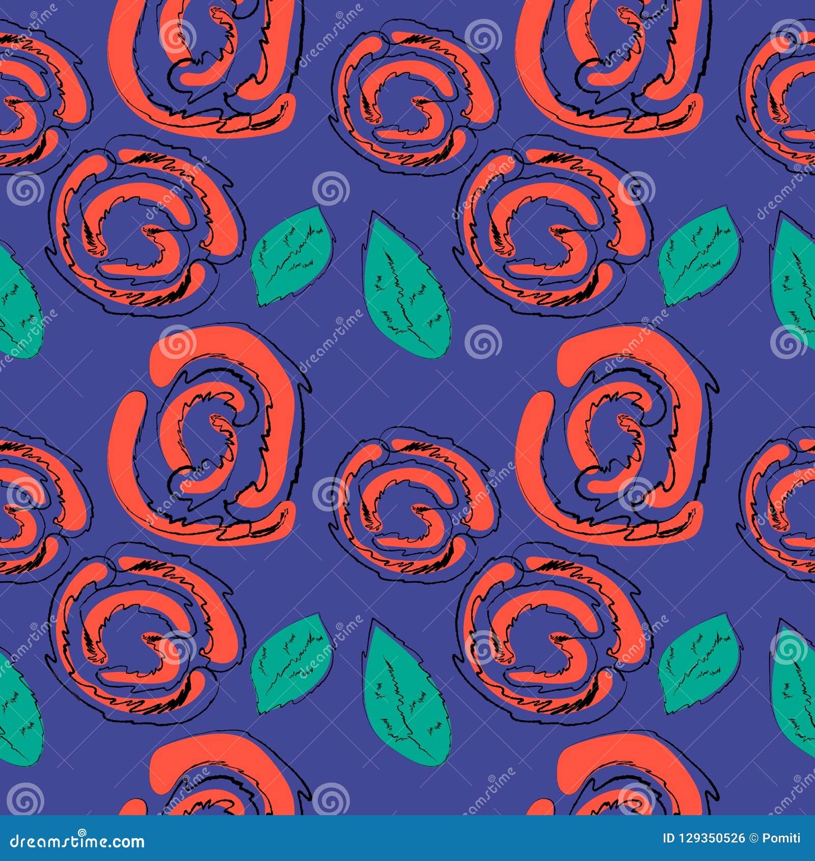 Red Roses with Leaves in Doodle Style, Seamless Pattern Image Stock ...