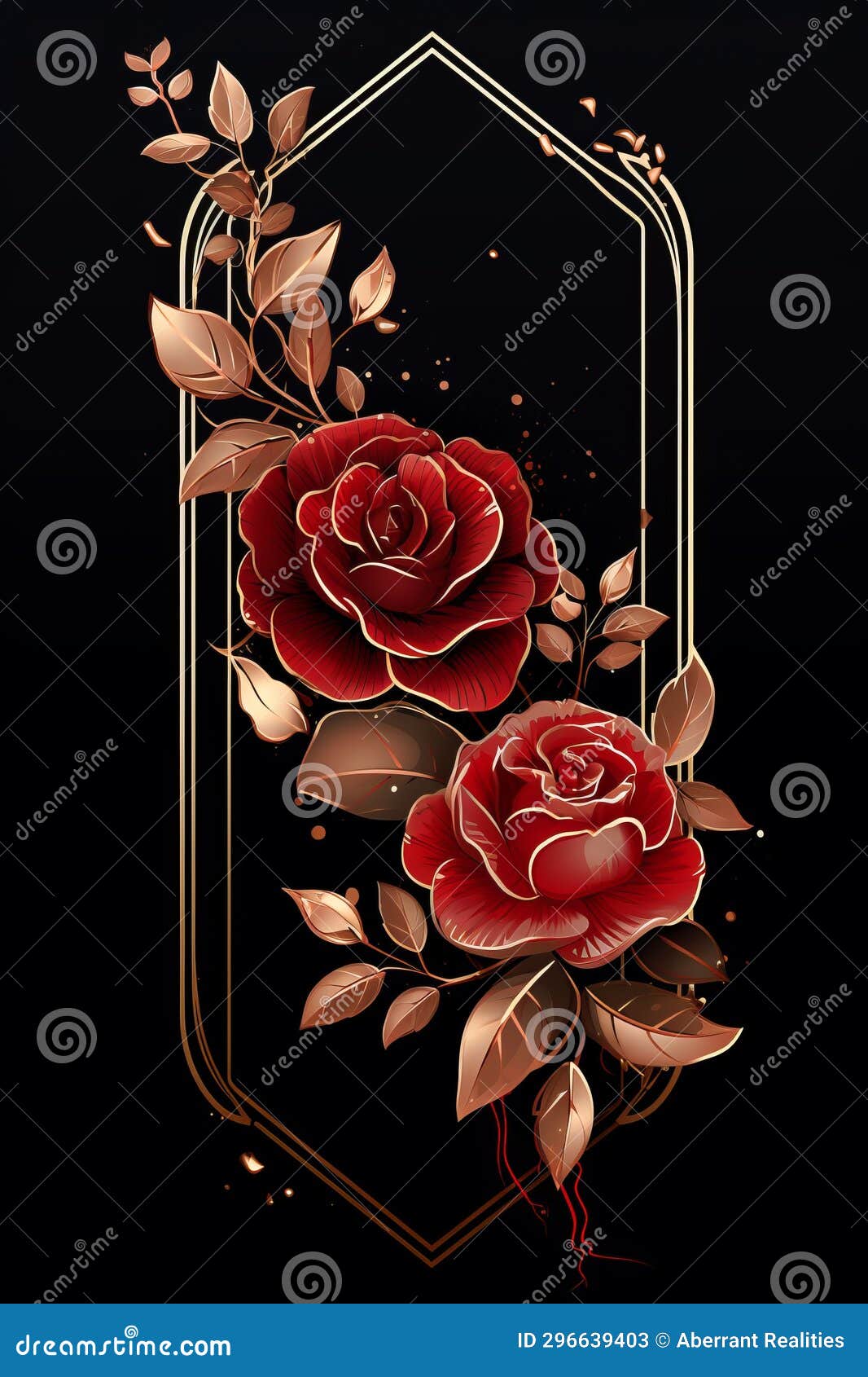 Red Roses and Leaves in a Gold Frame on a Black Background Stock ...